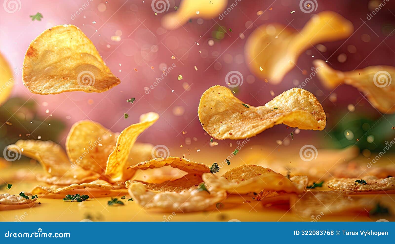 Potato Chips Fly on a Pink Background, the Process of Making Chips ...