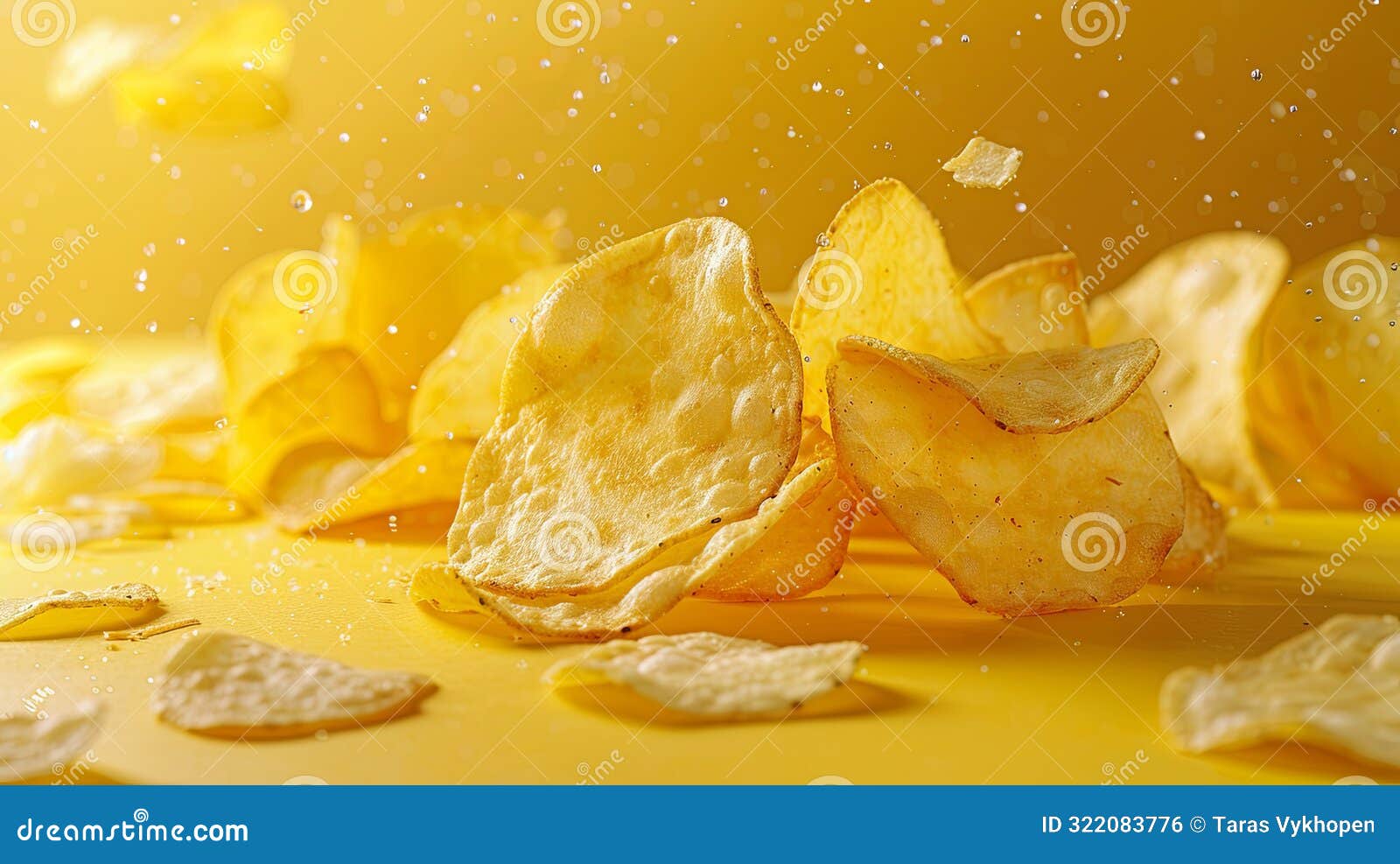 Potato Chips Fly on a Yellow Background, the Process of Making Chips ...