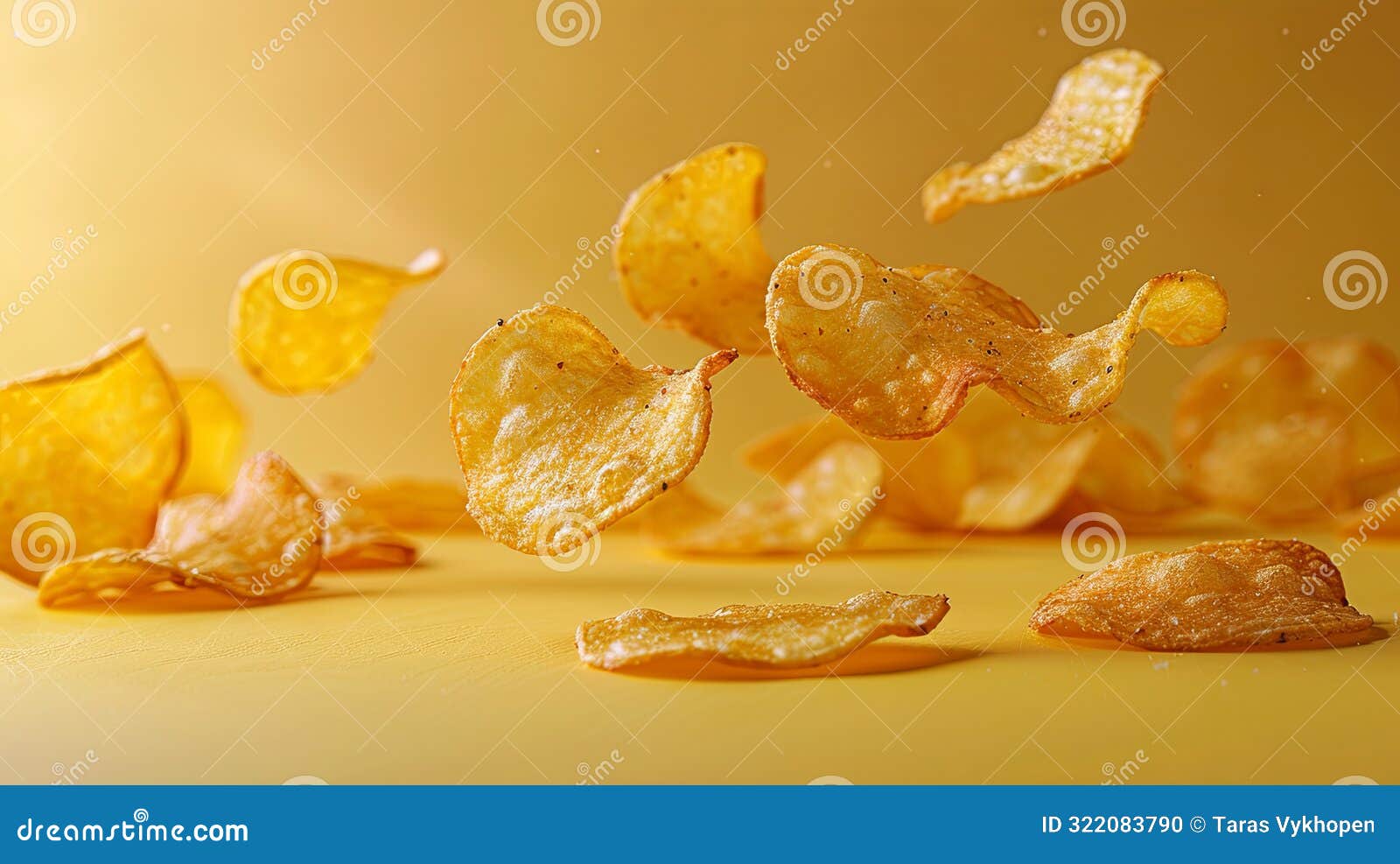 Potato Chips Fly on a Yellow Background, the Process of Making Chips ...