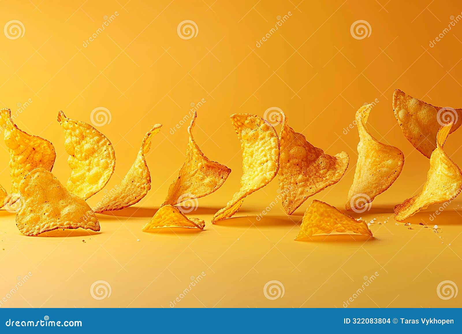 Potato Chips Fly on a Yellow Background, the Process of Making Chips ...