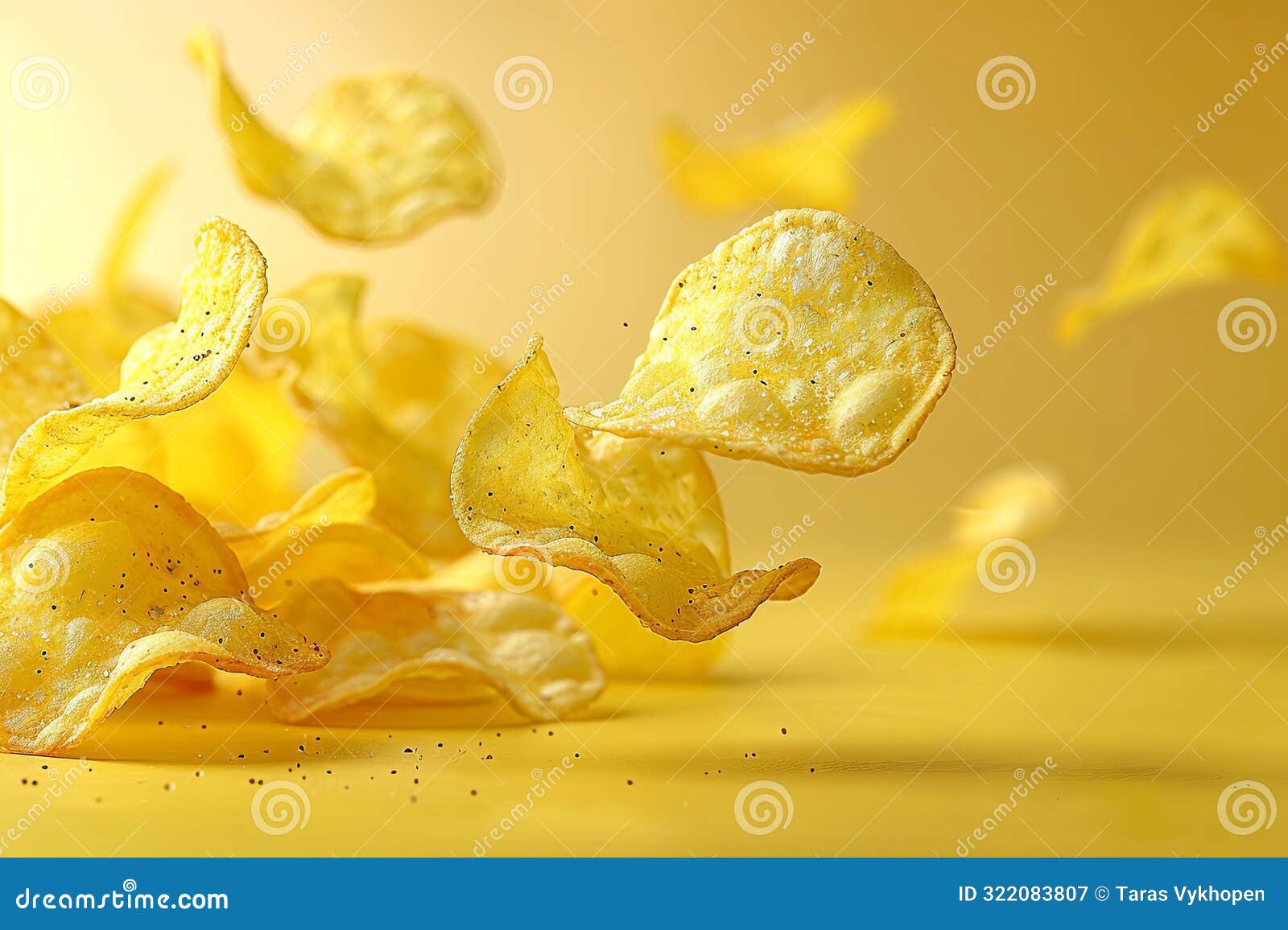 Potato Chips Fly on a Yellow Background, the Process of Making Chips ...