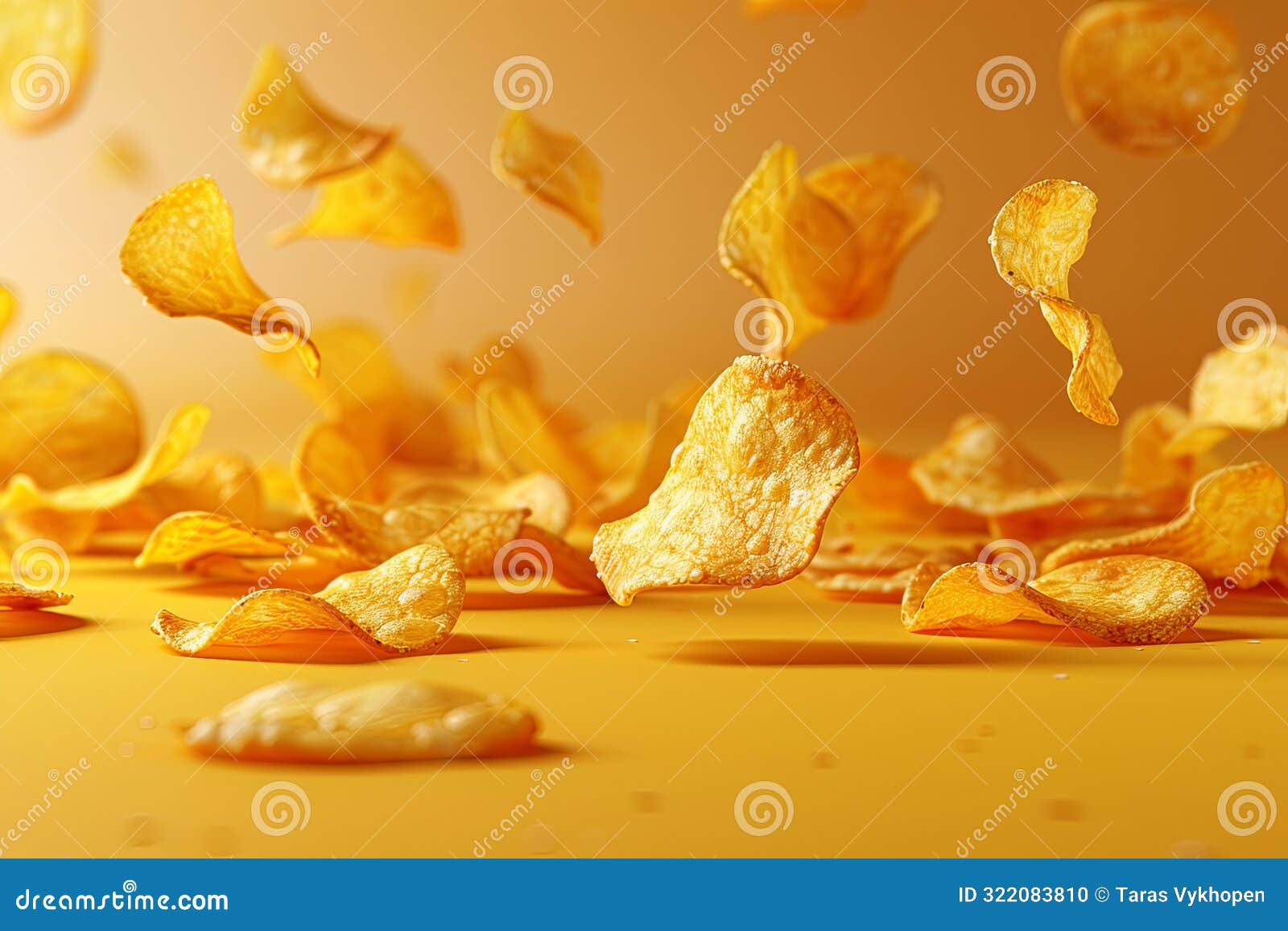 Potato Chips Fly on a Yellow Background, the Process of Making Chips ...