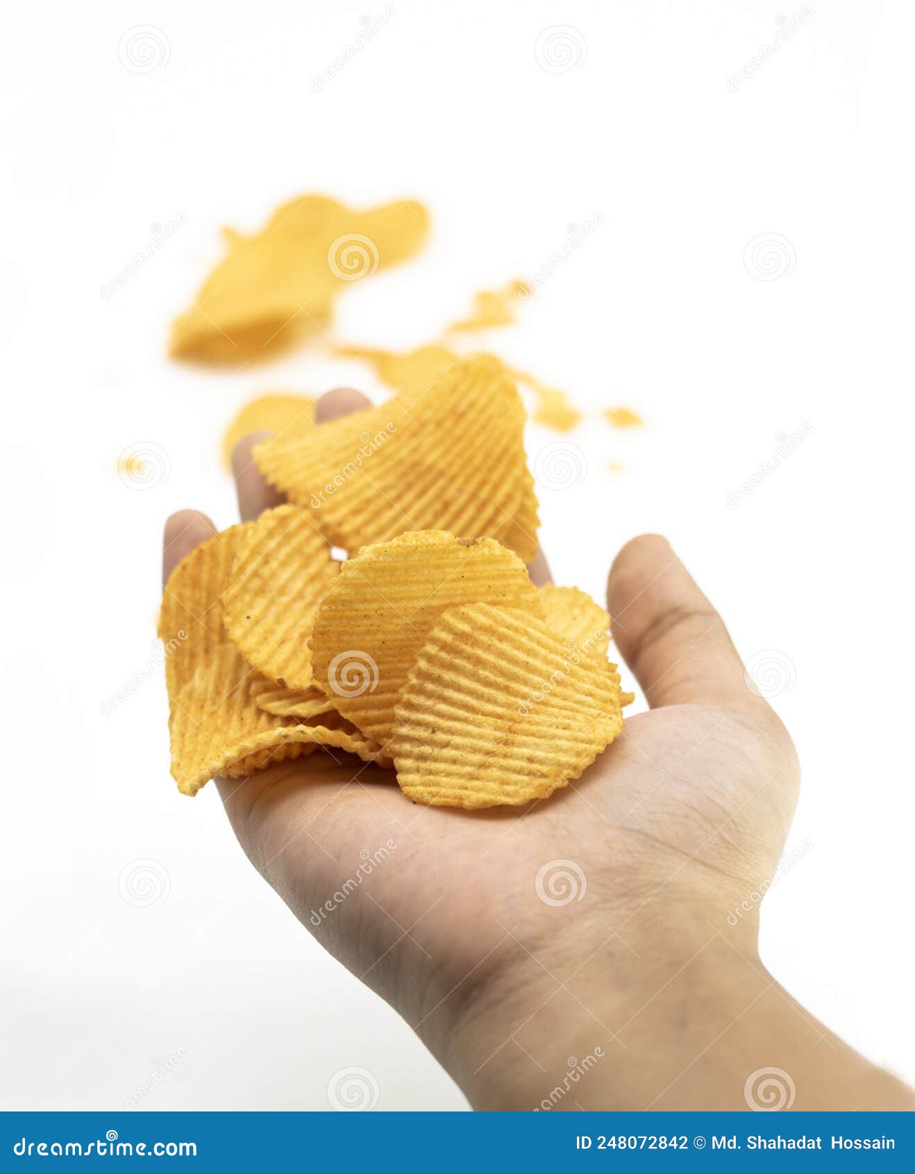 Potato Chips in a Hand on White Background Stock Photo - Image of pile ...