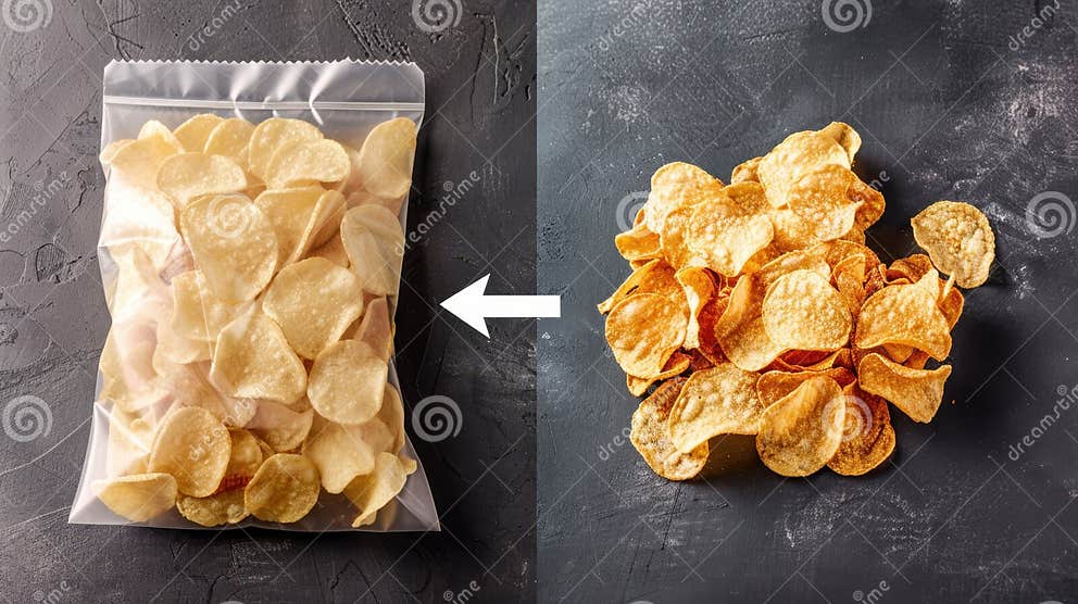 Potato Chips Package Versus Scattered Snack on Dark Background Stock ...