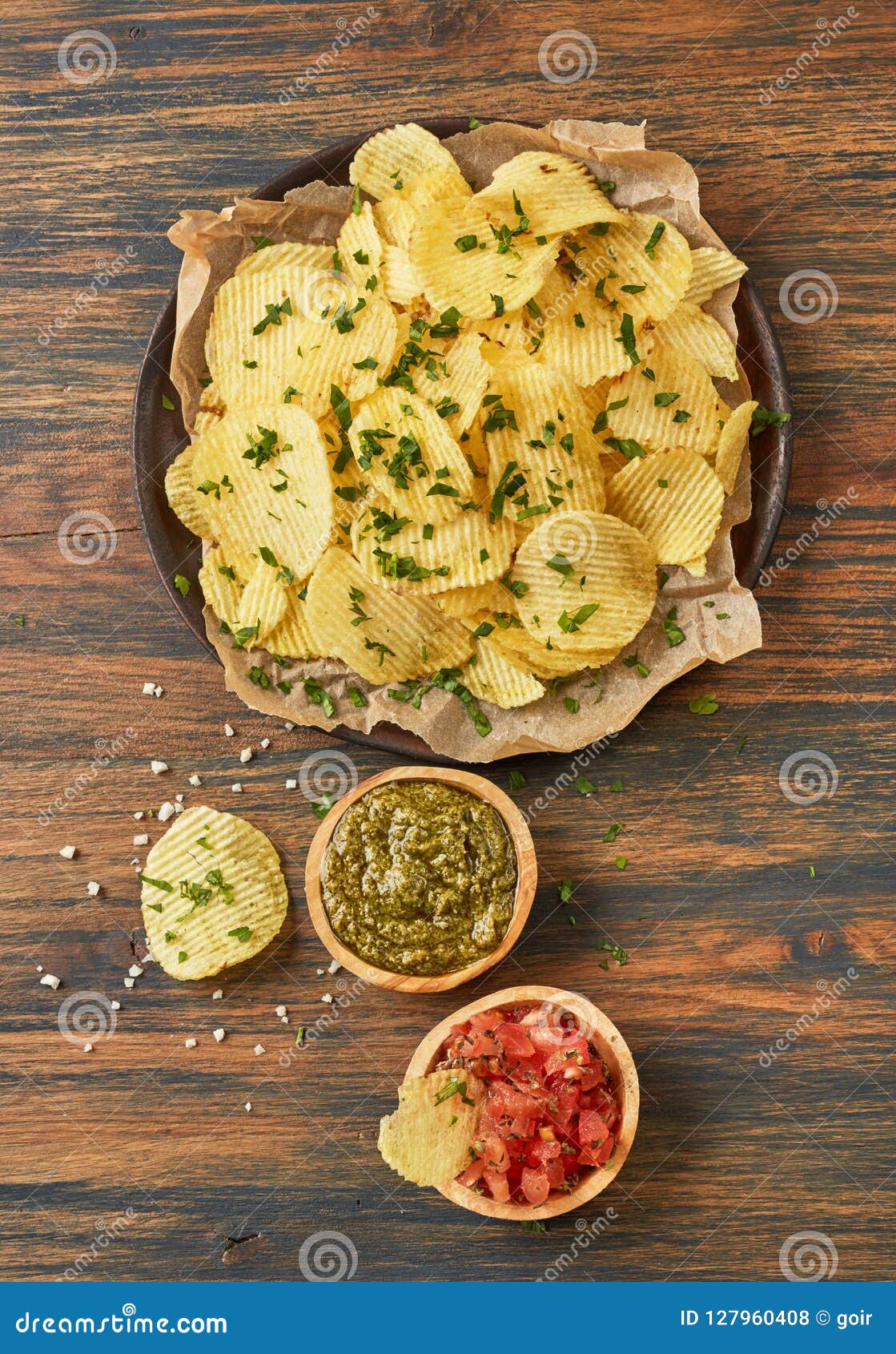 Potato chips and sauces stock photo. Image of greens - 127960408