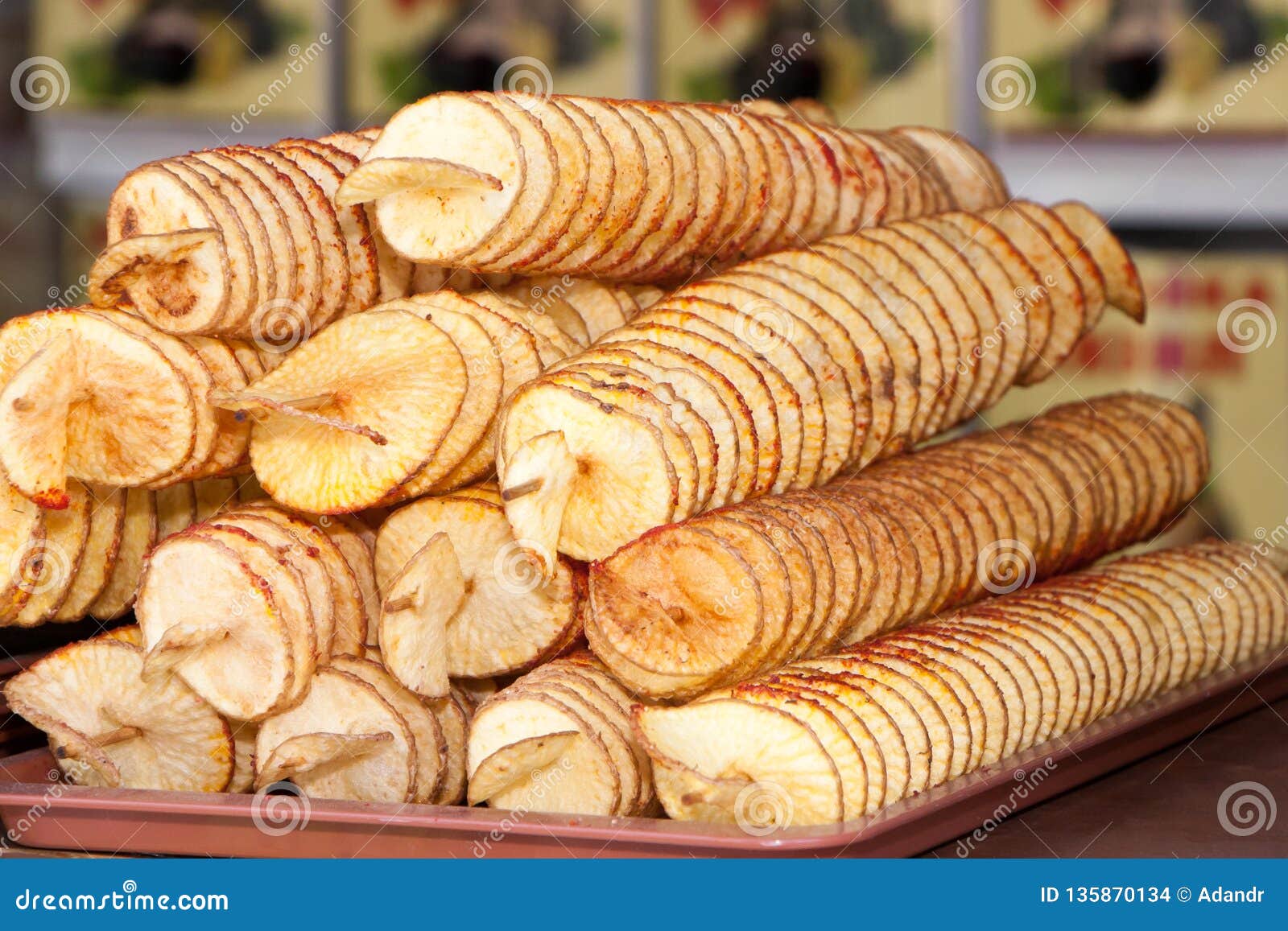The Potato Chips on Skewers Lying on a Counter Stock Photo - Image of ...