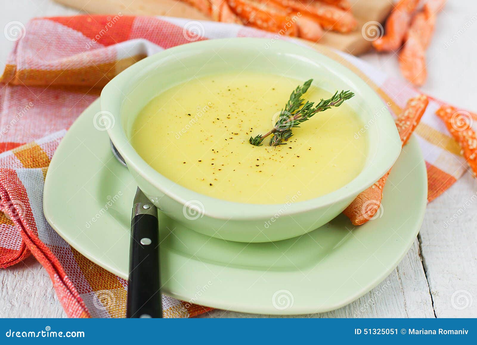 Potato and Garlic Cream Soup with Bread Sticks Stock Image - Image of ...