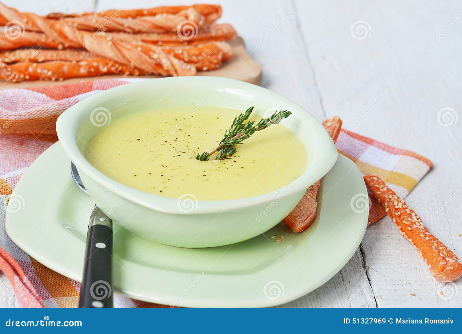 Potato and Garlic Cream Soup with Bread Sticks Stock Image - Image of ...
