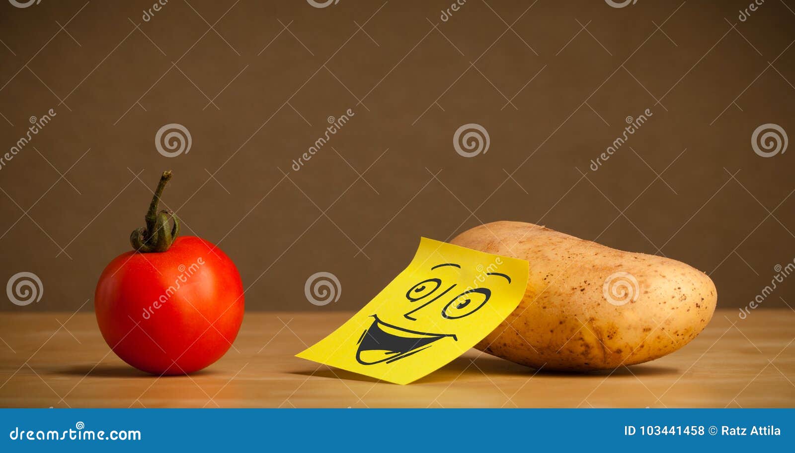 Potato with Post-it Note Smiling at Tomato Stock Photo - Image of ...