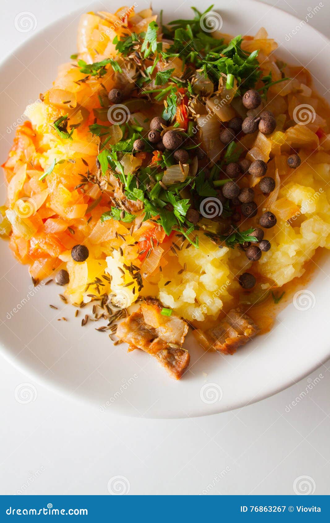Potato puree and meat stock image. Image of meat, dinner - 76863267