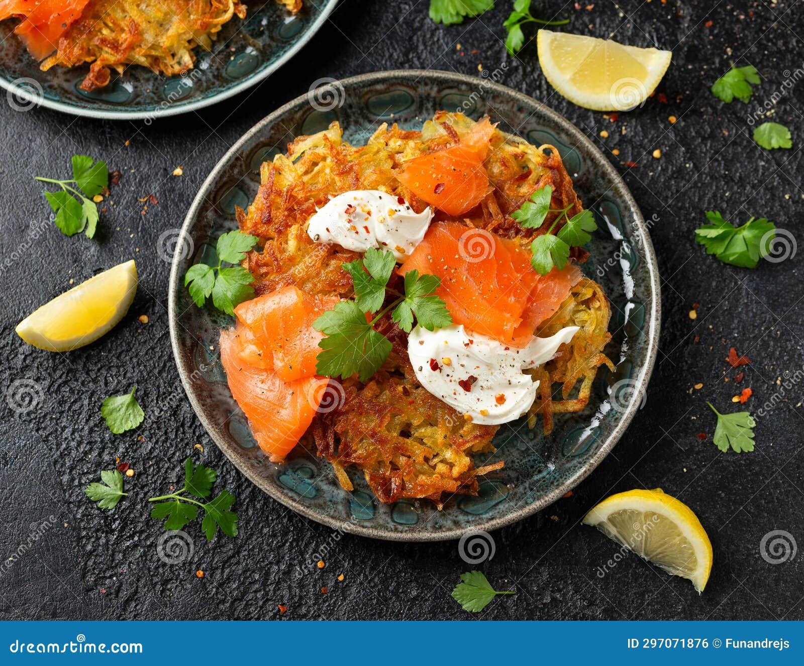 Potato Rosti with Smoked Salmon and Soft Cheese. Stock Photo - Image of ...