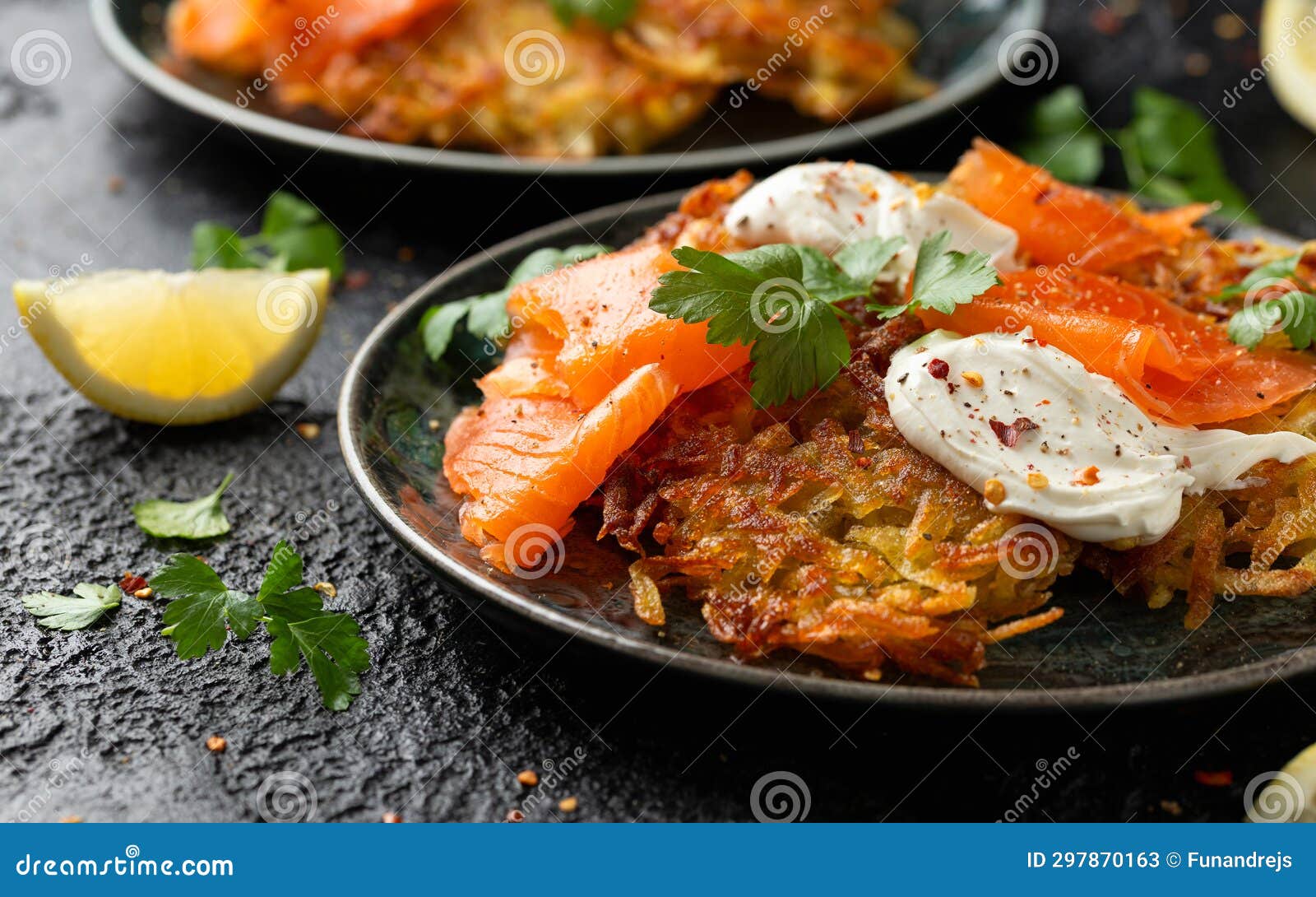 Potato Rosti with Smoked Salmon and Soft Cheese. Stock Image - Image of ...