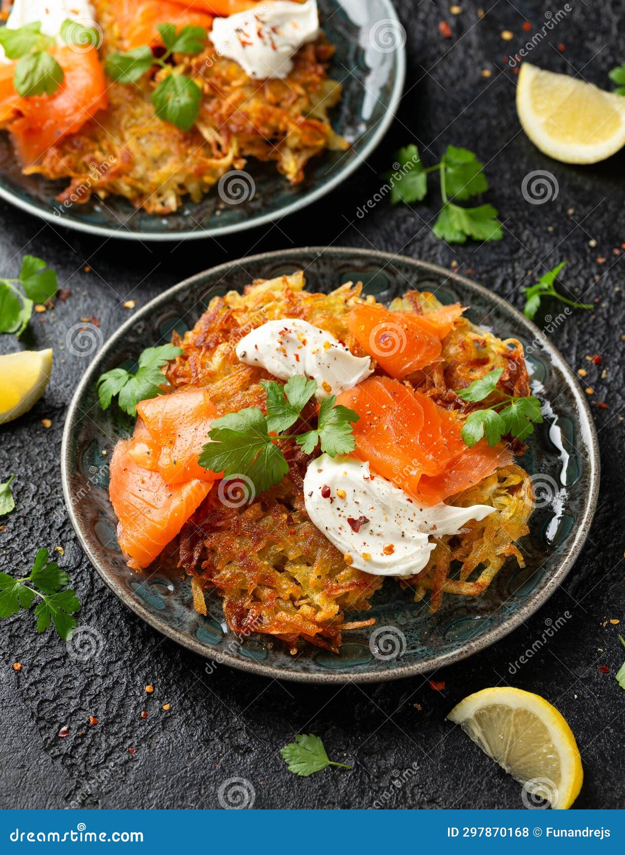 Potato Rosti with Smoked Salmon and Soft Cheese. Stock Photo - Image of ...
