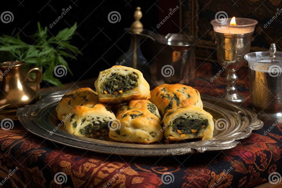 Potato and Spinach Knishes on a Patterned Serving Tray Stock Photo ...