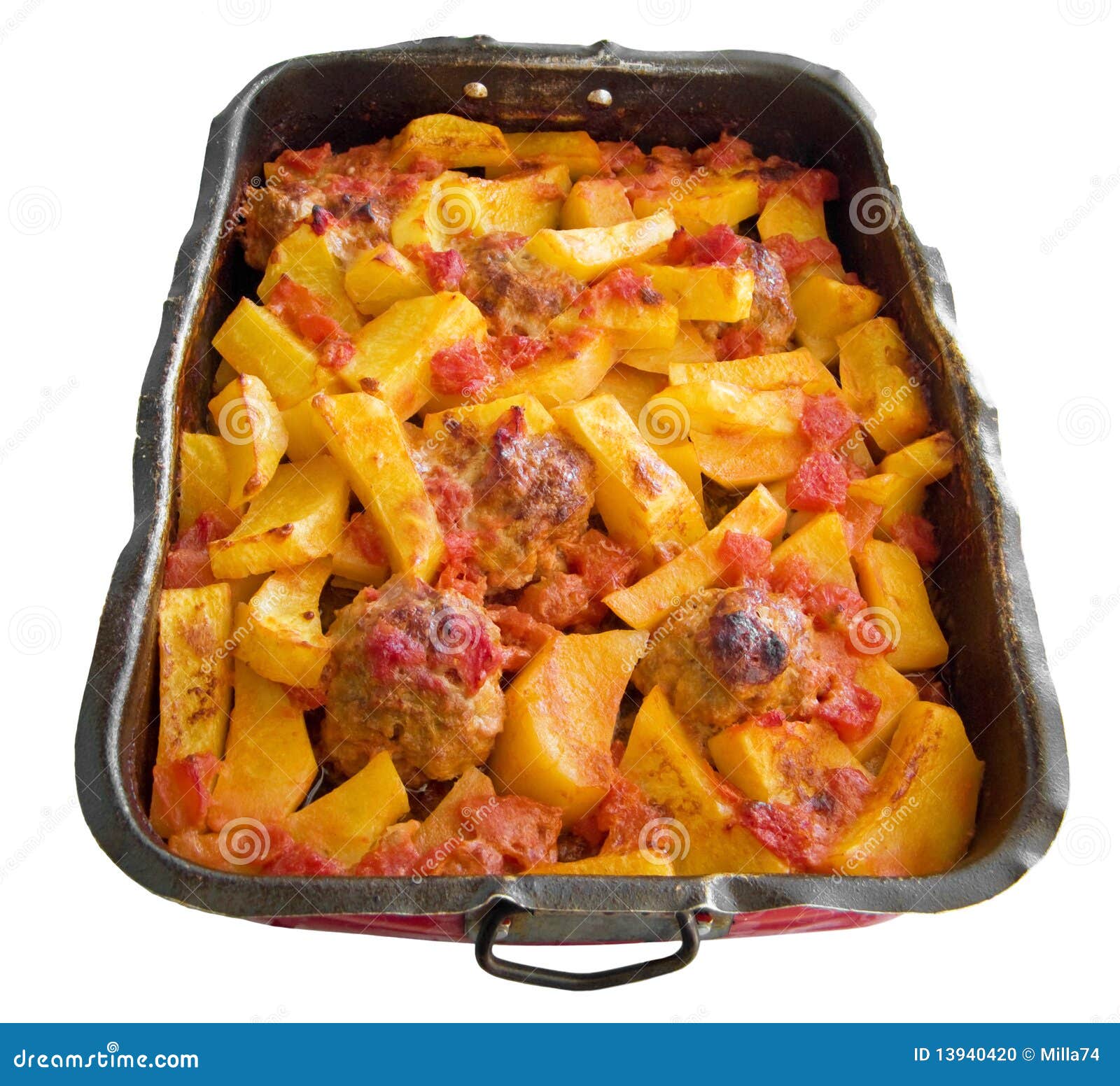 Potatoes and Meatballs in Baking-pan. Stock Photo - Image of isolated ...