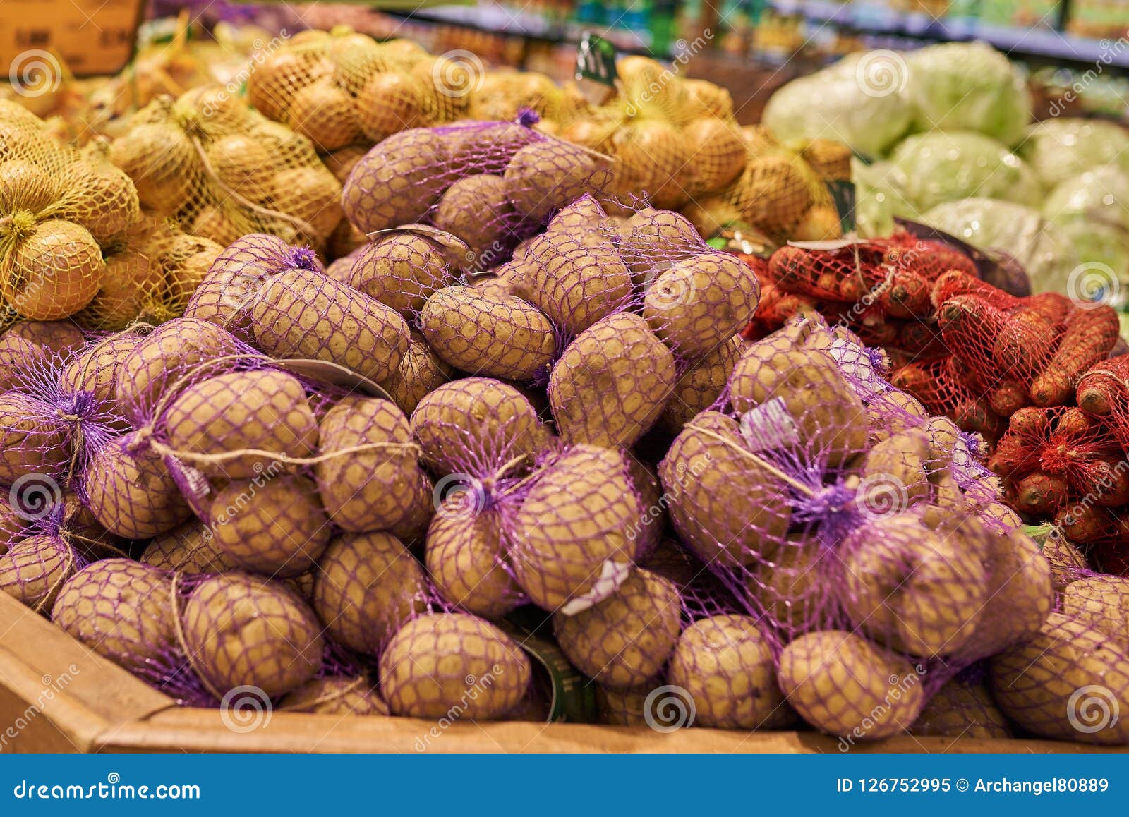 Potatoes nets in the shop stock image. Image of netting - 126752995
