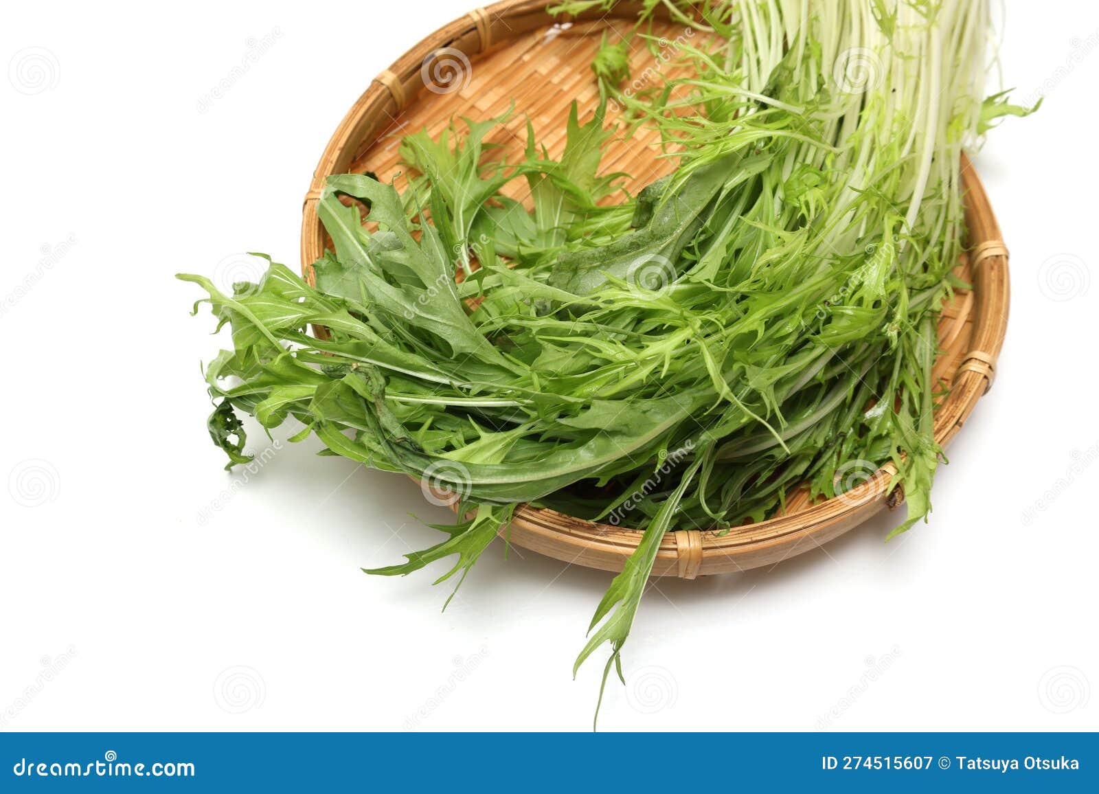 Potherb Mustard on a Bamboo Colander Isolated on a White Background ...