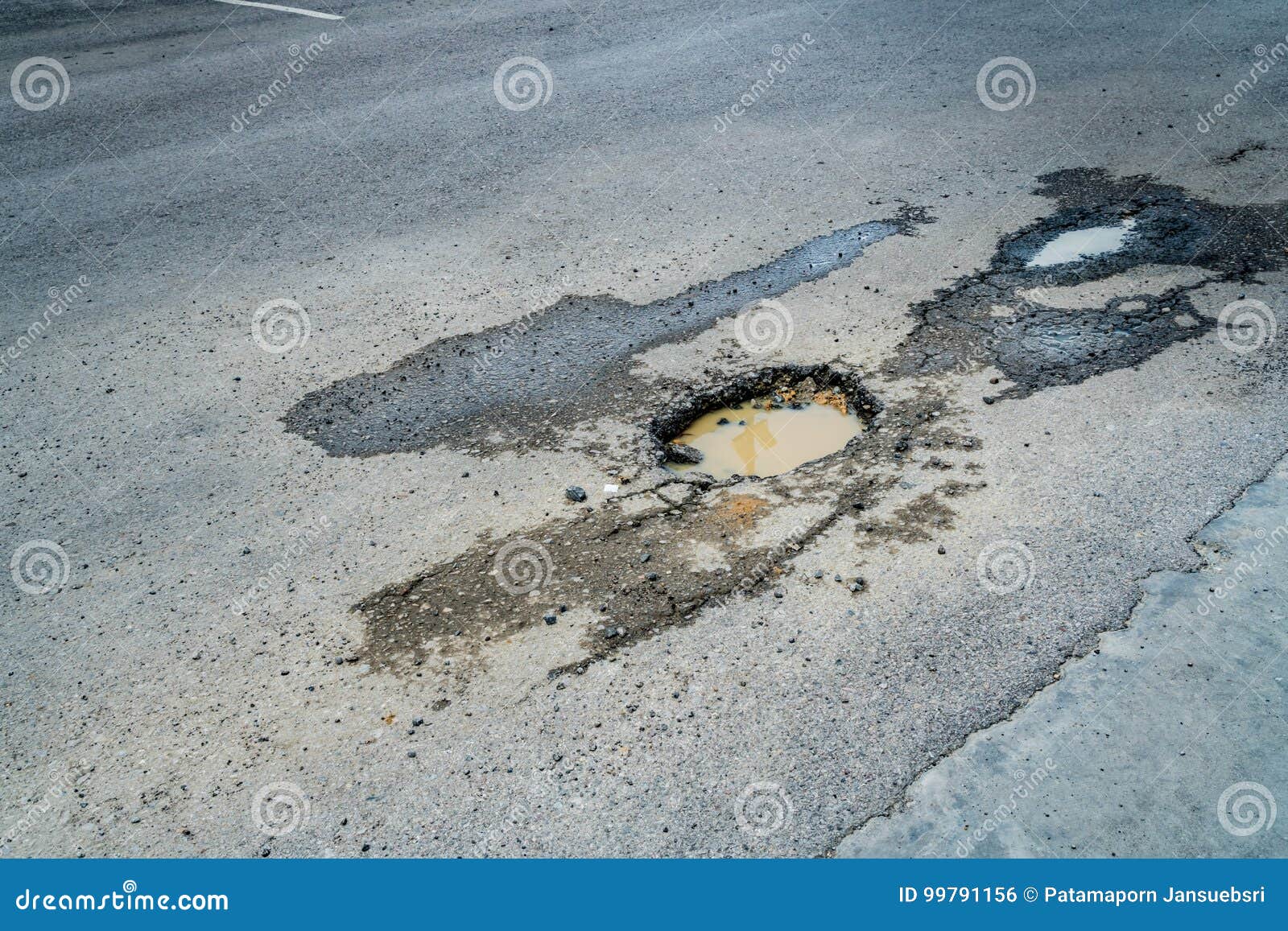 Pothole on the road stock photo. Image of road, highway - 99791156