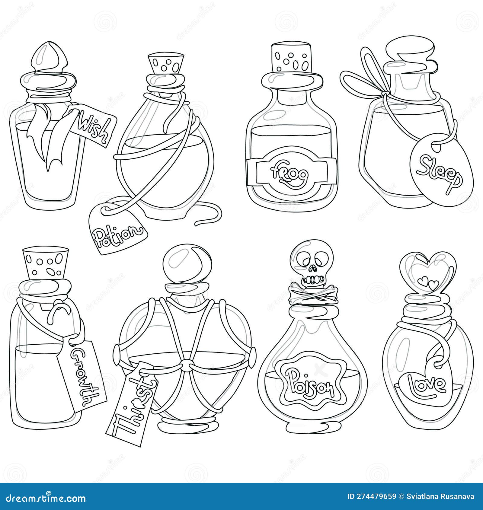 Potion Bottles with Magic Elixir and Tags, Cartoon Glass Flasks with ...