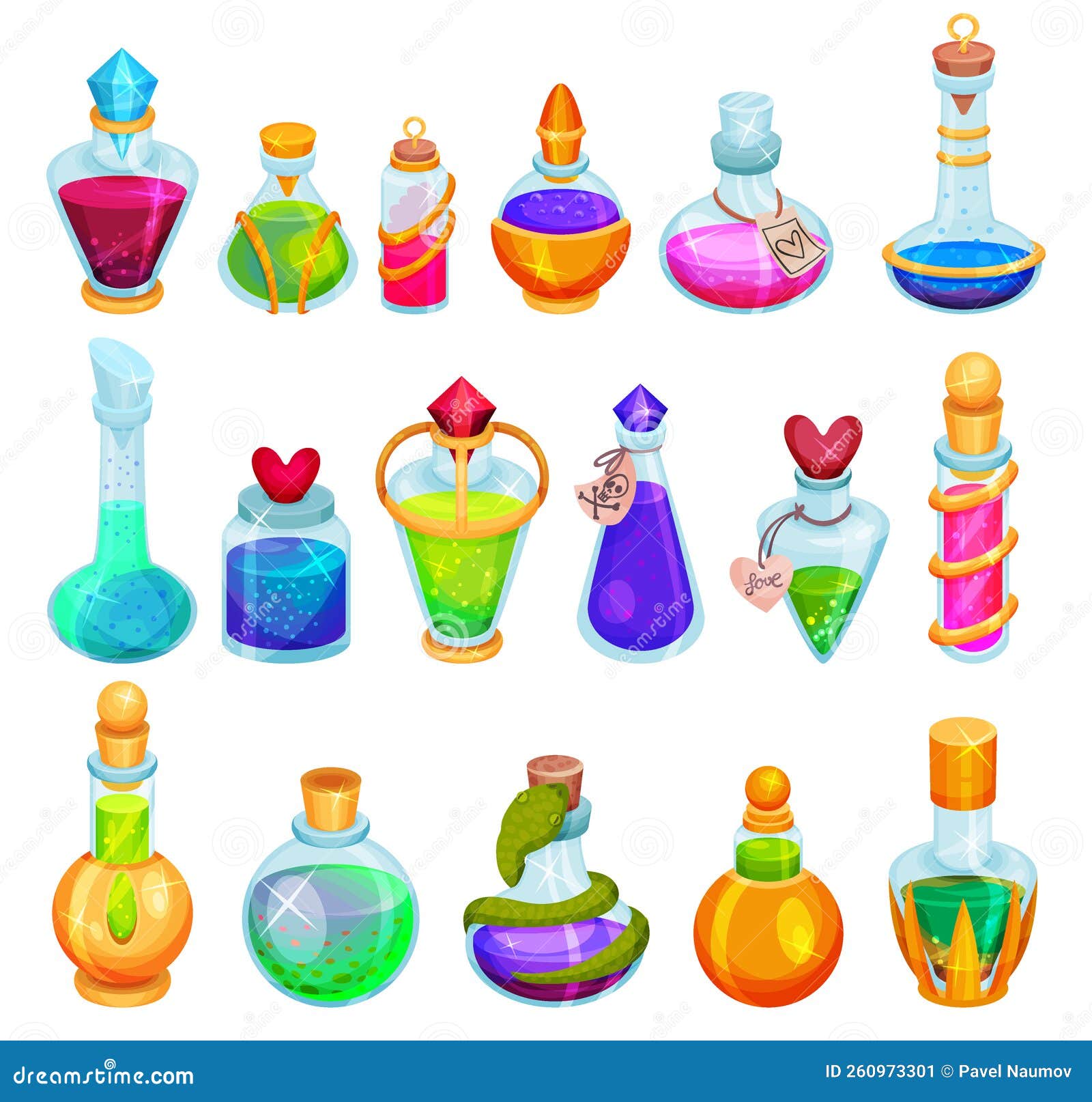 Potion Bottles Set. Magic Elixir or Alchemist Poison, Glass Jars and ...