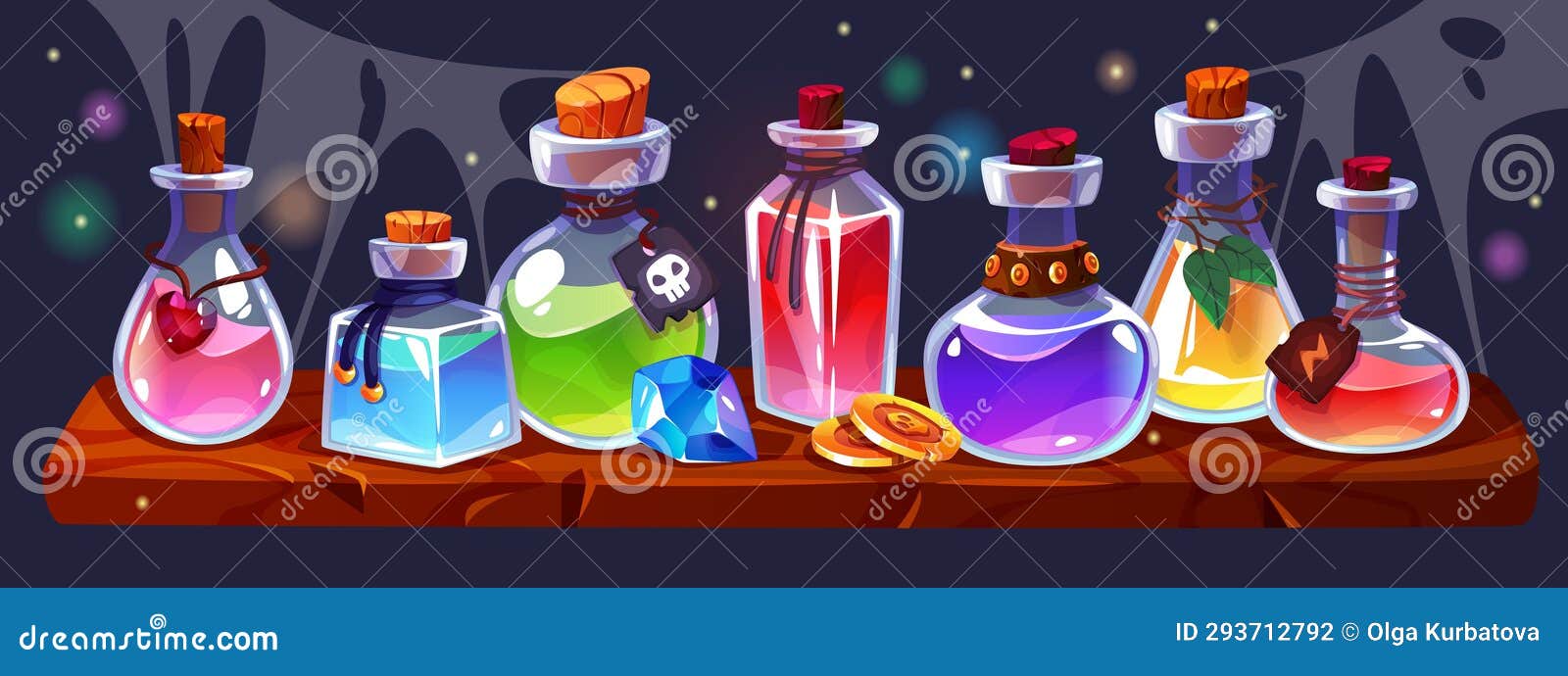 Potion Bottles on Wooden Shelf. Alchemist or Witch Magic Elixirs in ... Potion Bottles on Wooden Shelf. Alchemist or Witch Magic Elixirs in ...