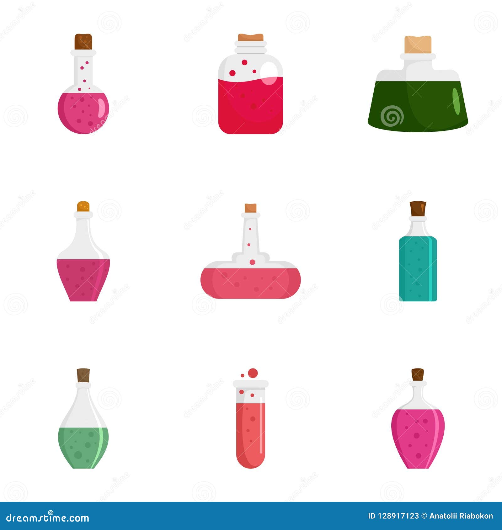 Potion Magic Bottle Icon Set, Flat Style Stock Vector - Illustration of ...