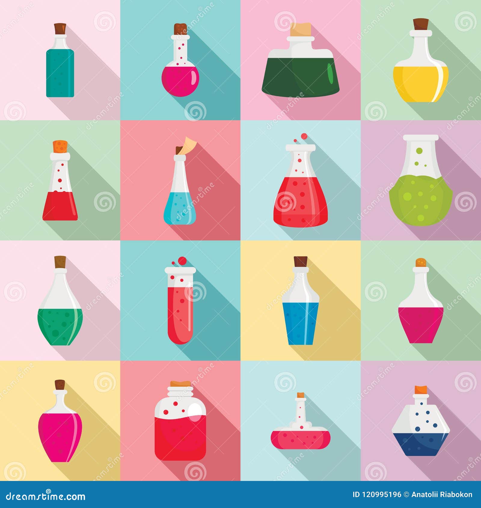 Potion Magic Bottle Icons Set, Flat Style Stock Vector - Illustration ...