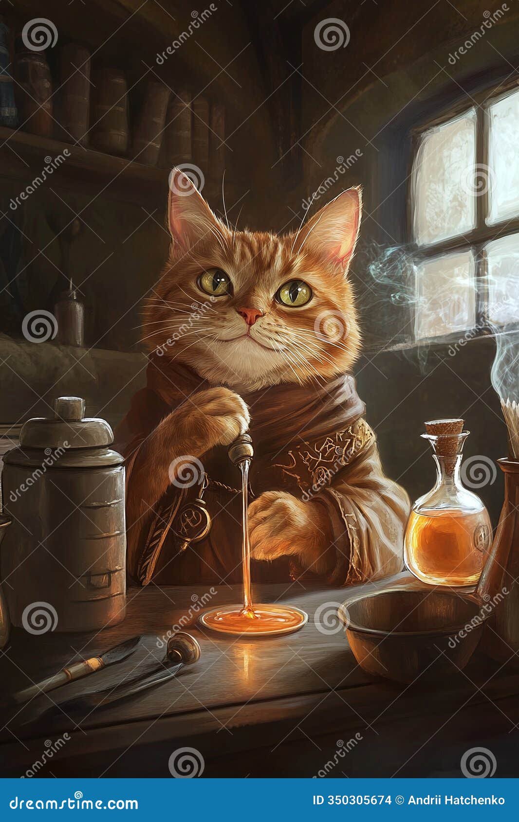 A Potion-making Cat in Wizard Apprentice Robes Stock Illustration ...