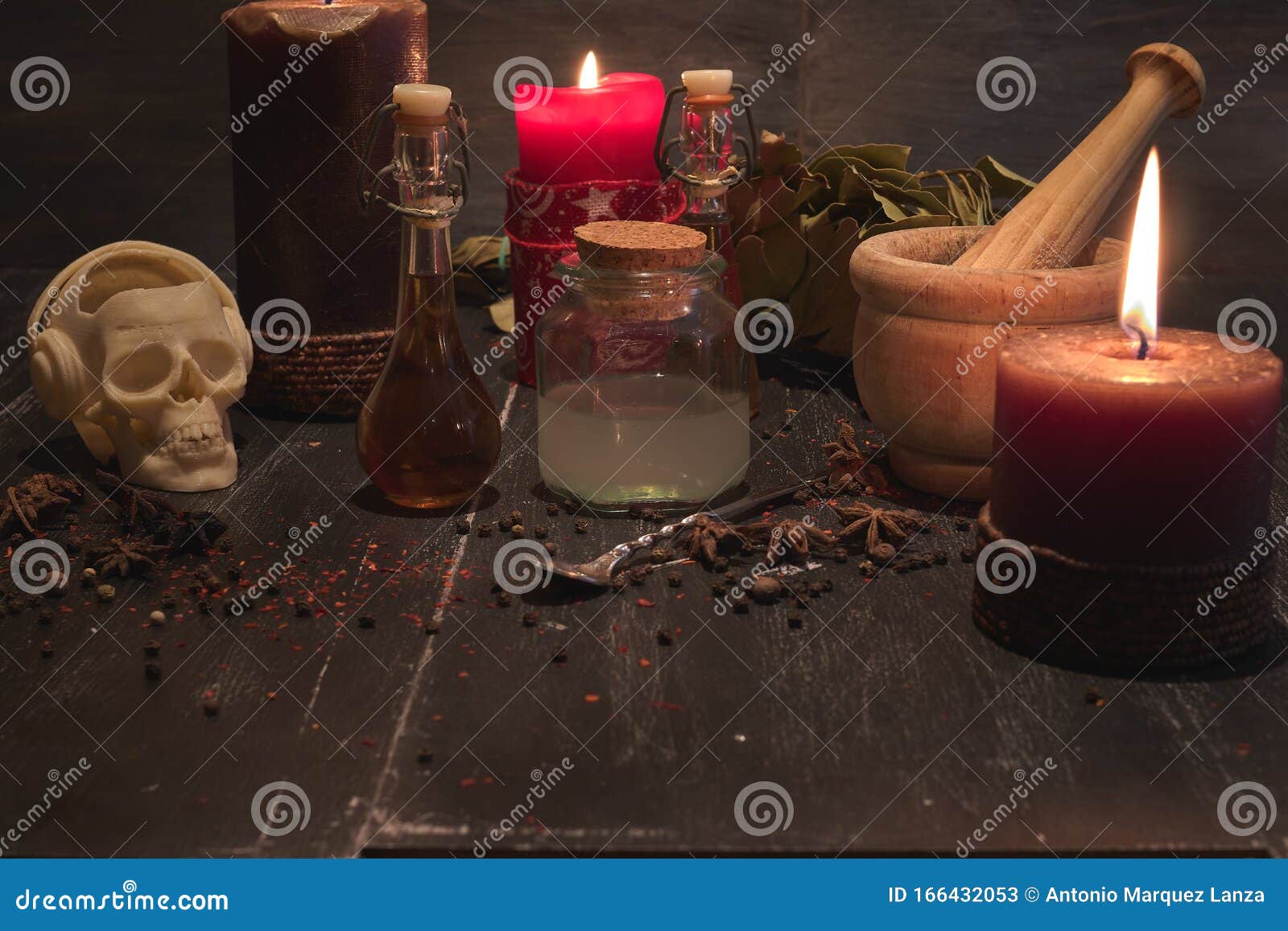 Potion of Natural Herbs for Black Magic with Candles Stock Image ...
