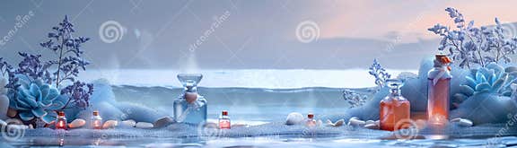 Potion Vials Floating on the Sea Surface, Connected by Mystical ...