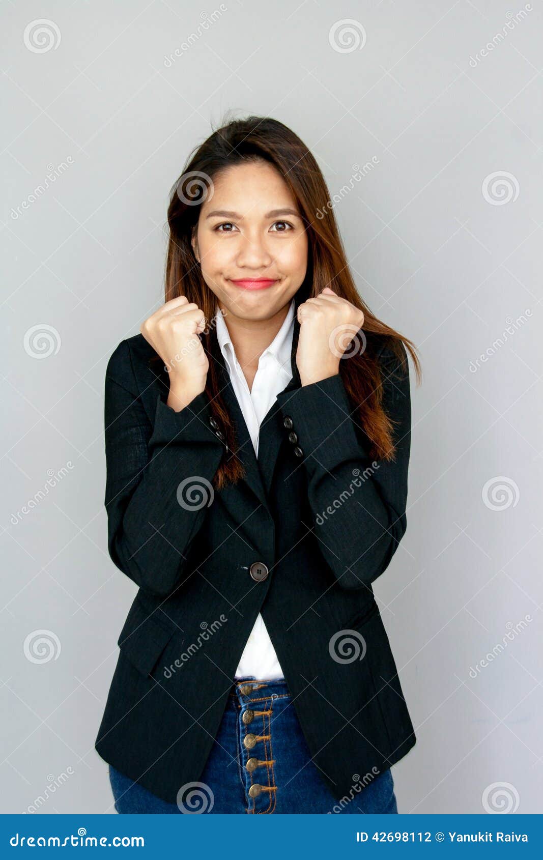 Potrait Asian Lady Show Handful and Smile on Gray Isolate Stock Photo ...