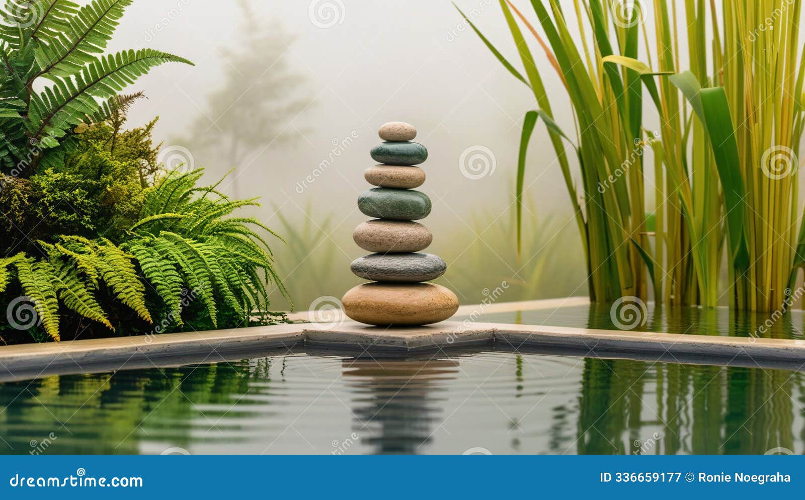 Zen Stone Stack by Tranquil Water Pool with Lush Greenery. Stock ...