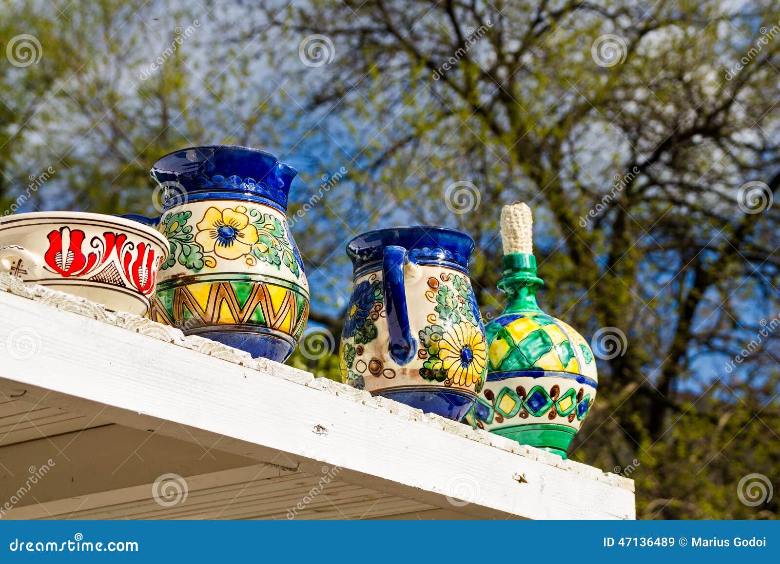 Pots on shelf outdoor stock image. Image of vivid, handmade - 47136489