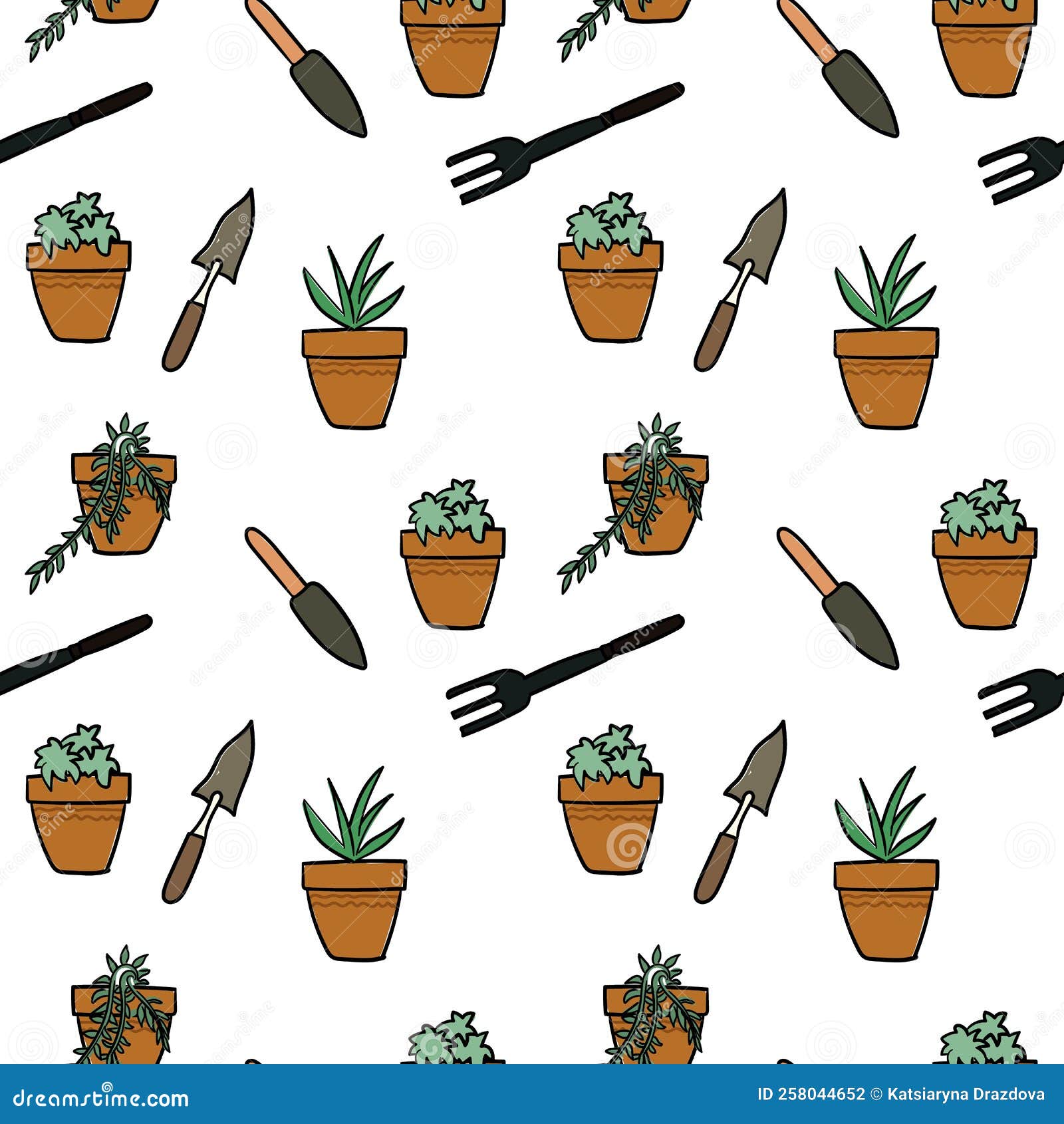 Potted Plants. Cut Hand Drawing Garden Pattern. Seamless Pattern for ...