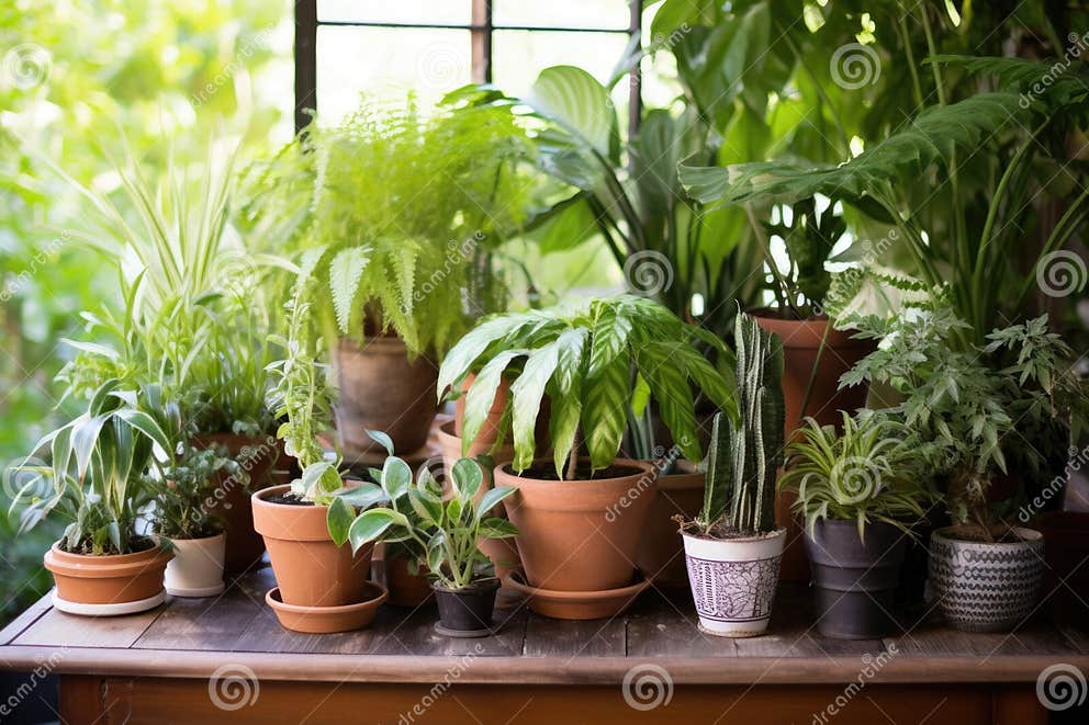 Potted Plants Grouped Around a Sapling Stock Photo - Image of ...
