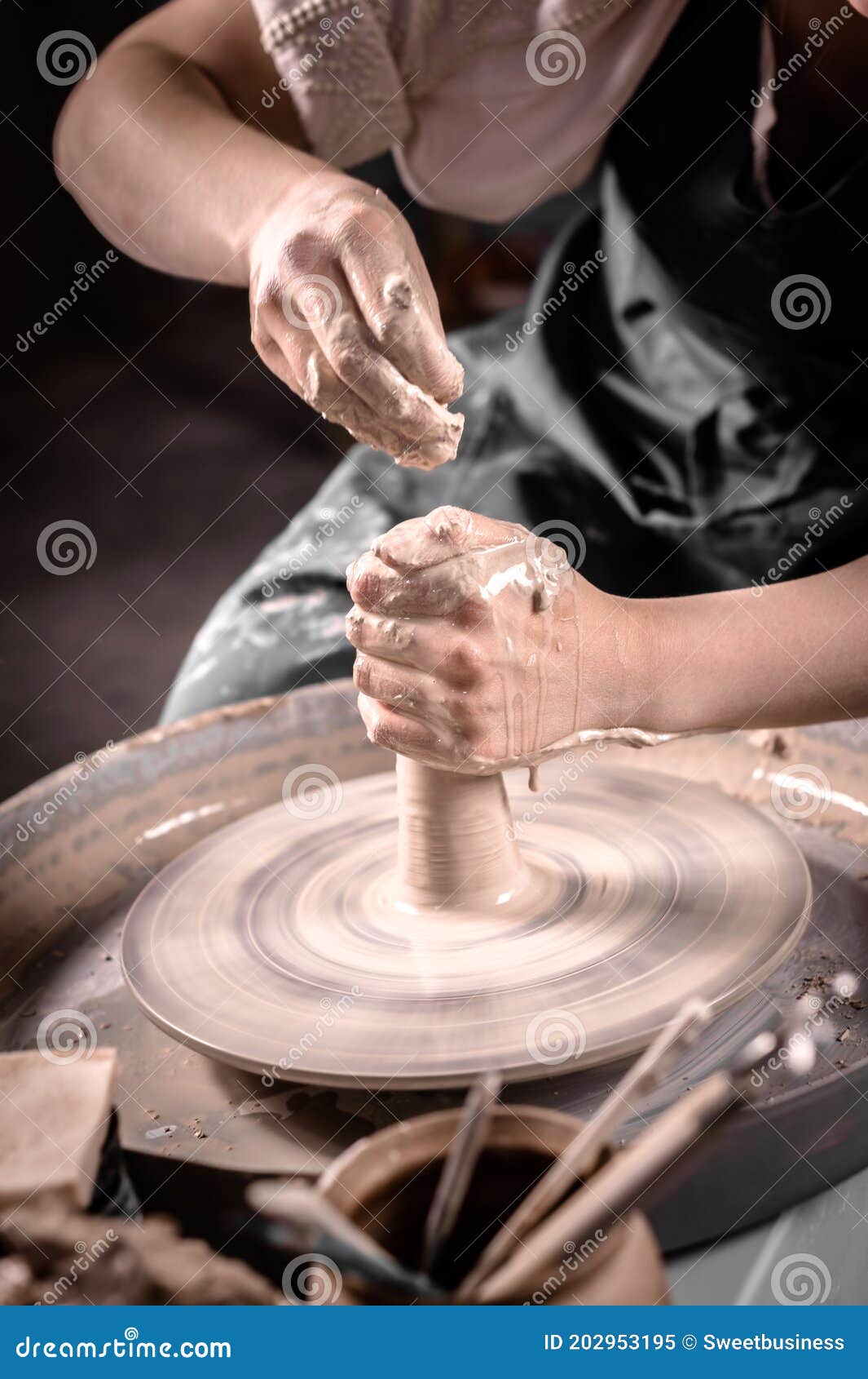 Potter`s Wheel and Potter`s Hands. Close-up. Stock Image - Image of ...