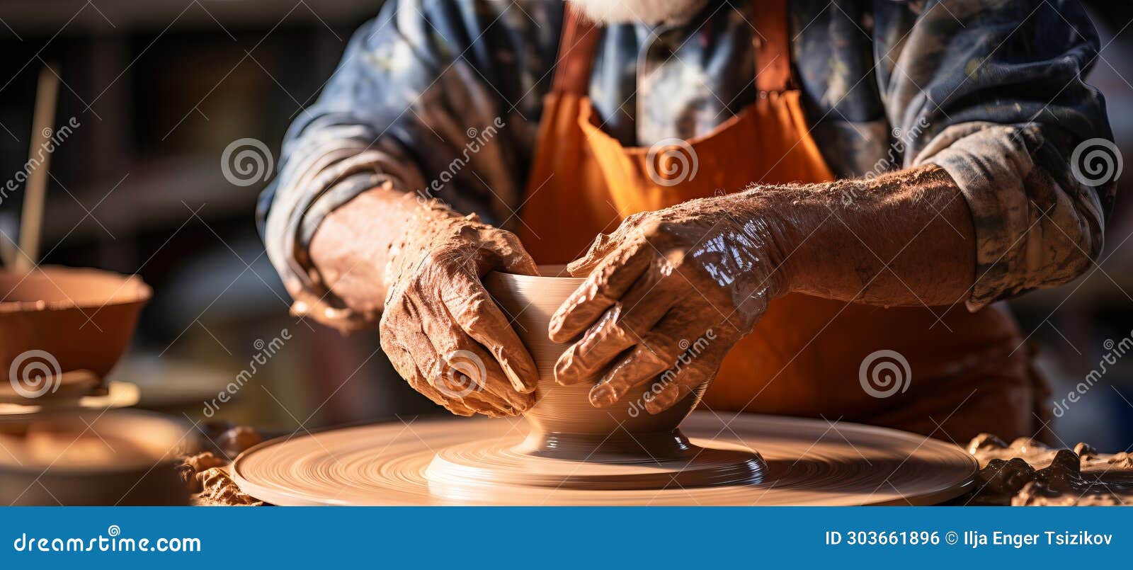 Potter Skillfully Crafting Matching Ceramics on a Pottery Wheel in a ...