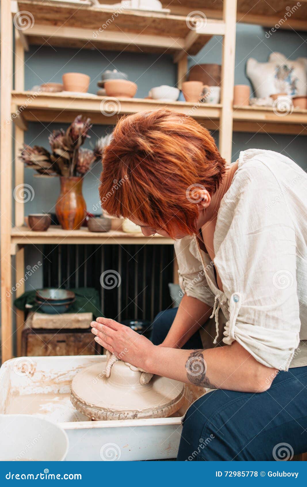 Potter Work on Potters Wheel Sideview Stock Photo - Image of european ...