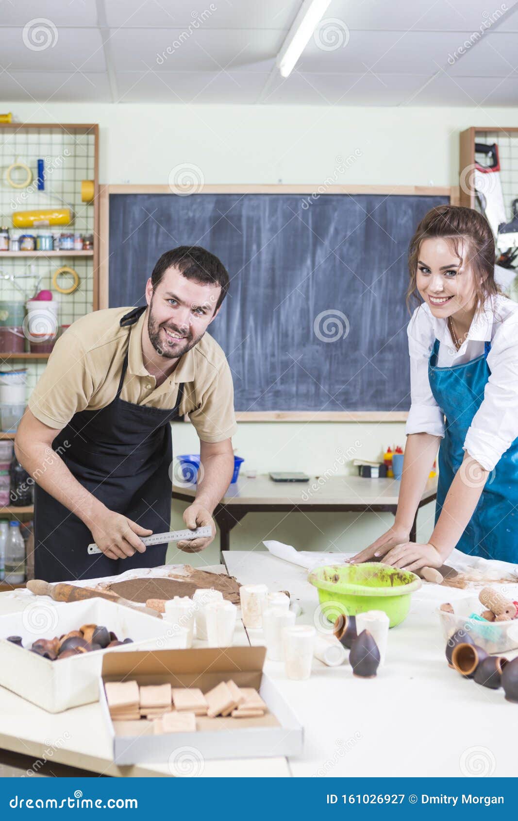 Pottering Concept. Two Happy Professional Ceramists or Claymakers ...