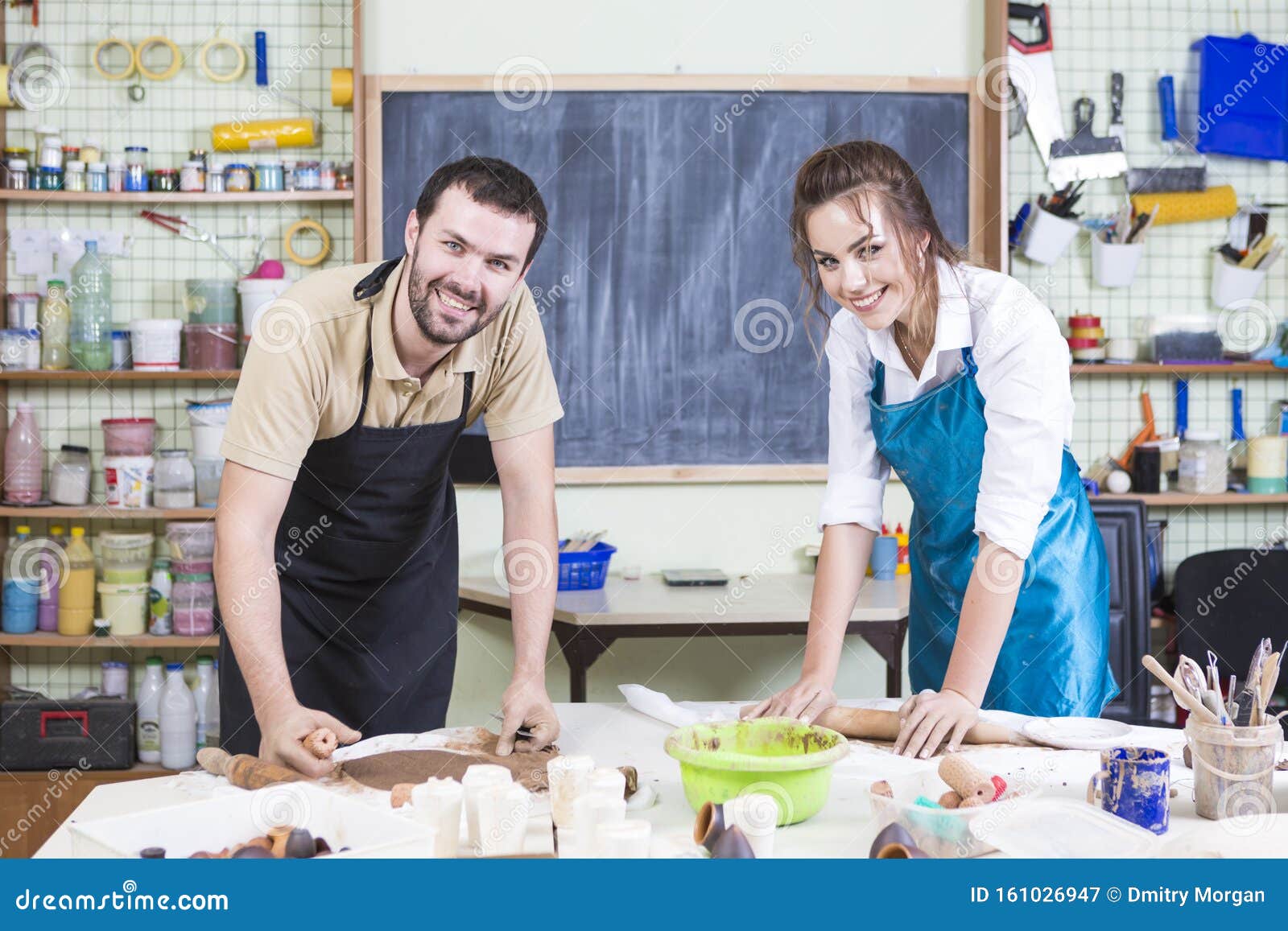 Pottering Concept. Two Happy Professional Ceramists or Claymakers ...