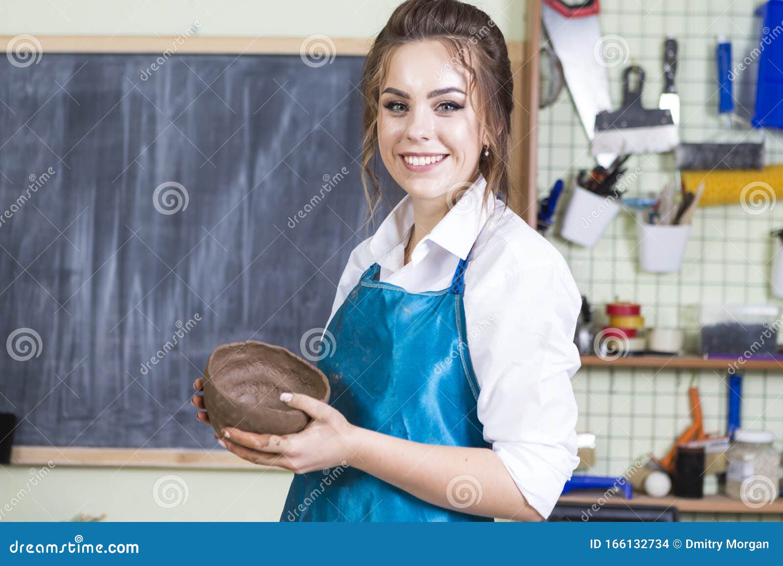 Pottering Concepts. Professional Female Potter with a Piece of Raw Flat ...