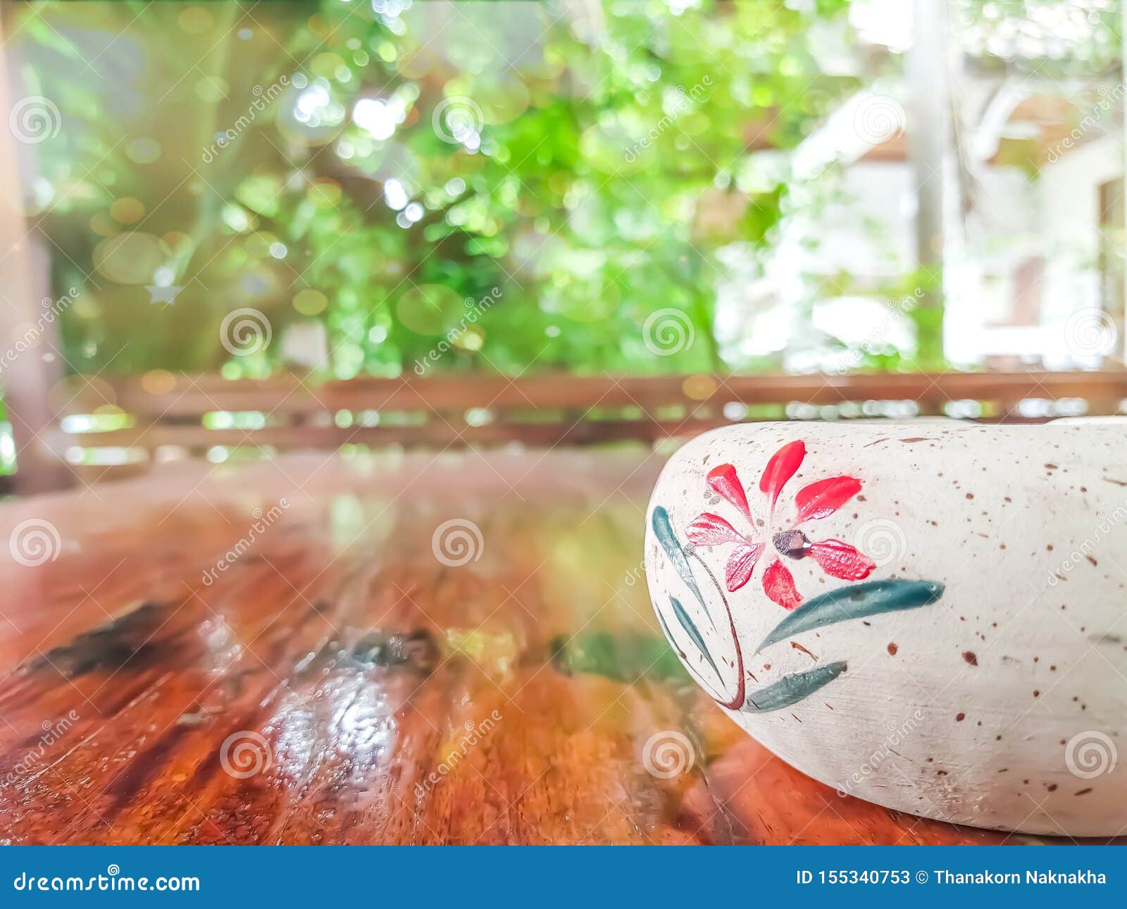 Pottery Bowl Red Flower Pattern Placed Table Mild Sunlight Morning ...