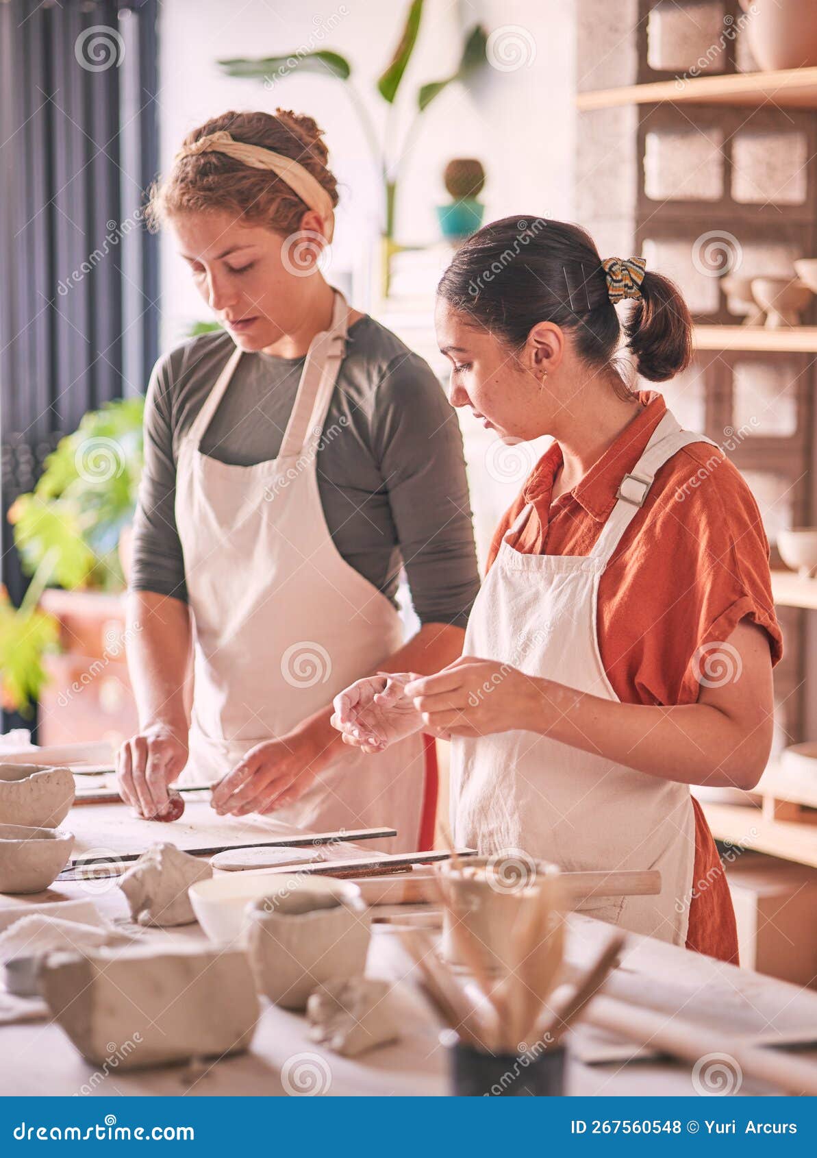 Pottery, Ceramic and Teacher with Student in Workshop Training ...