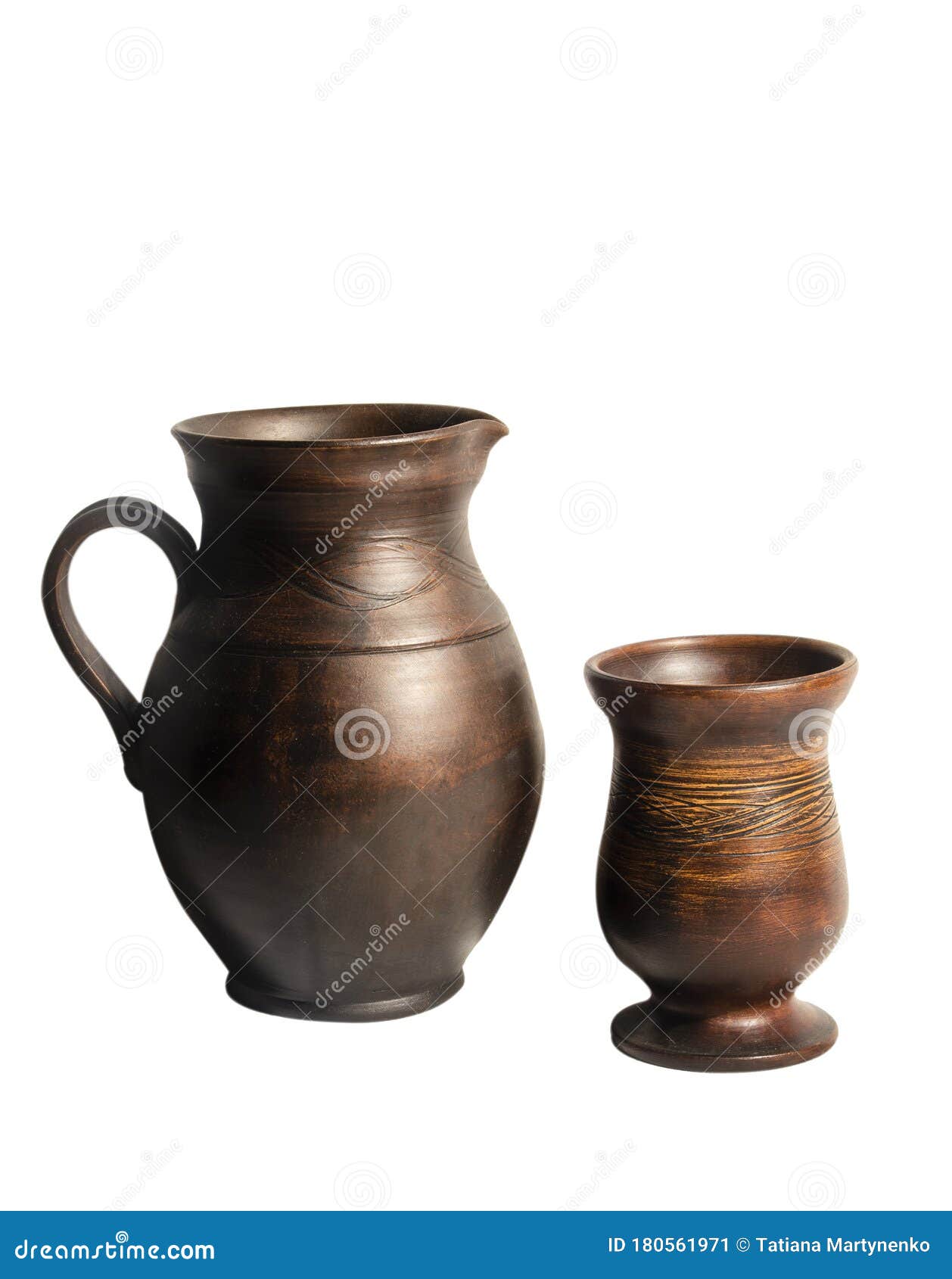 Pottery for Drinks on White Background.Brown Pitcher with Handle and ...