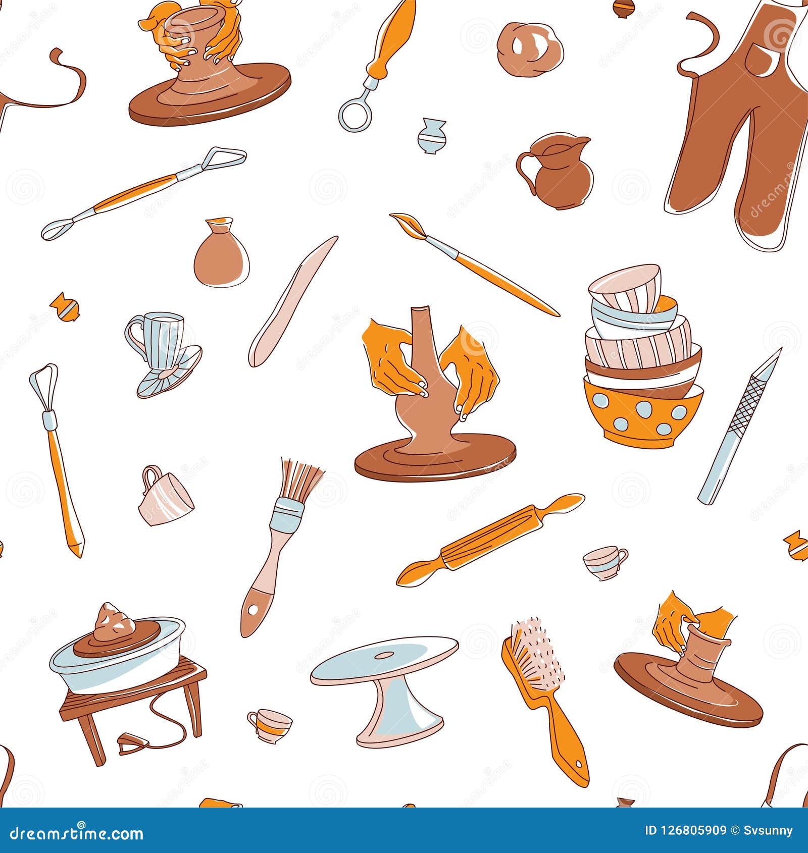 Pottery Studio Seamless Pattern Background. Hand Drawn Vector ...