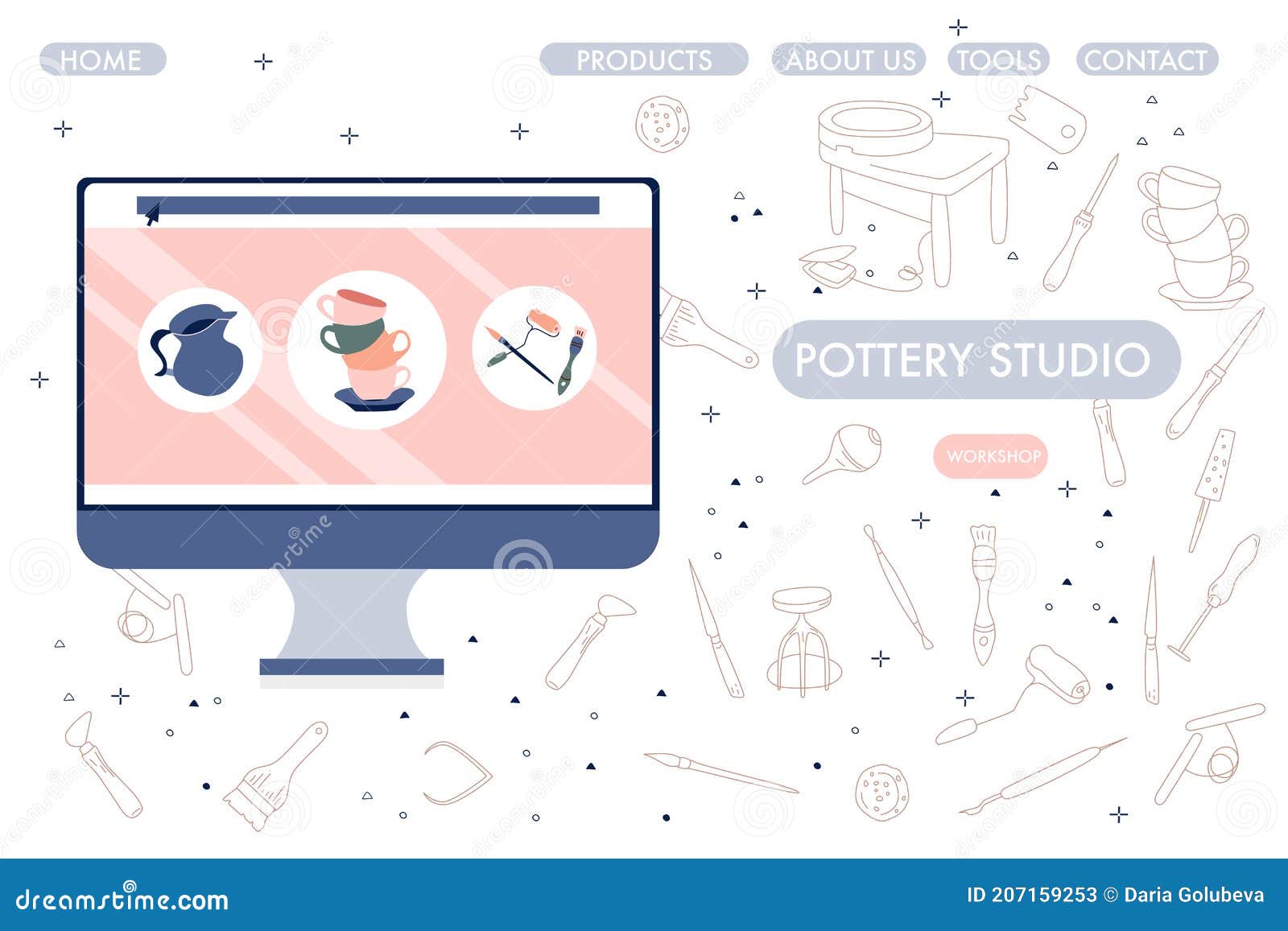 Pottery Studio Website Design Template. Clay Crafting Tools and ...