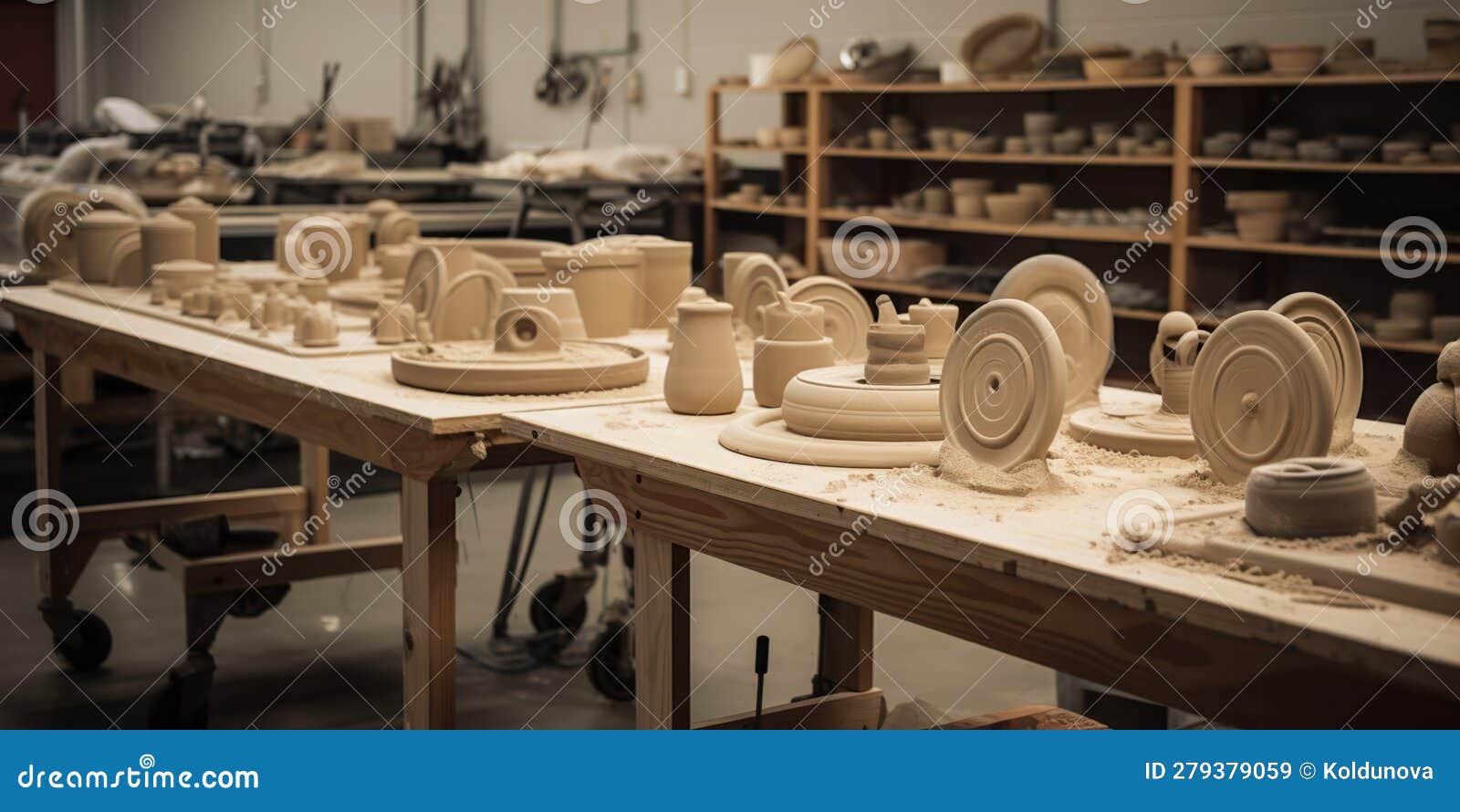 Pottery Wheels, with Clay and Tools Ready for a Group Ceramics Class ...