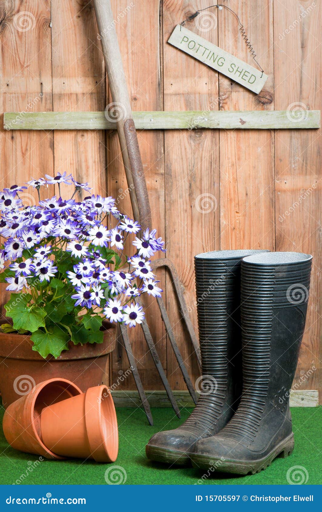 In the Potting Shed stock image. Image of boots, terracotta - 15705597