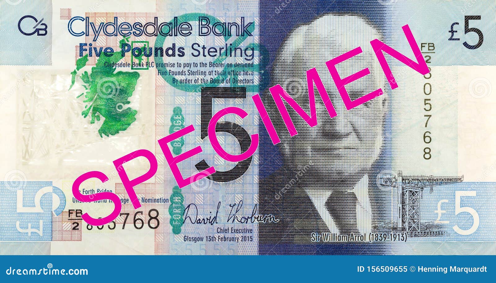 5 Pounds Sterling Note Issued by Clydesdale Bank PLC Specimen Reverse ...