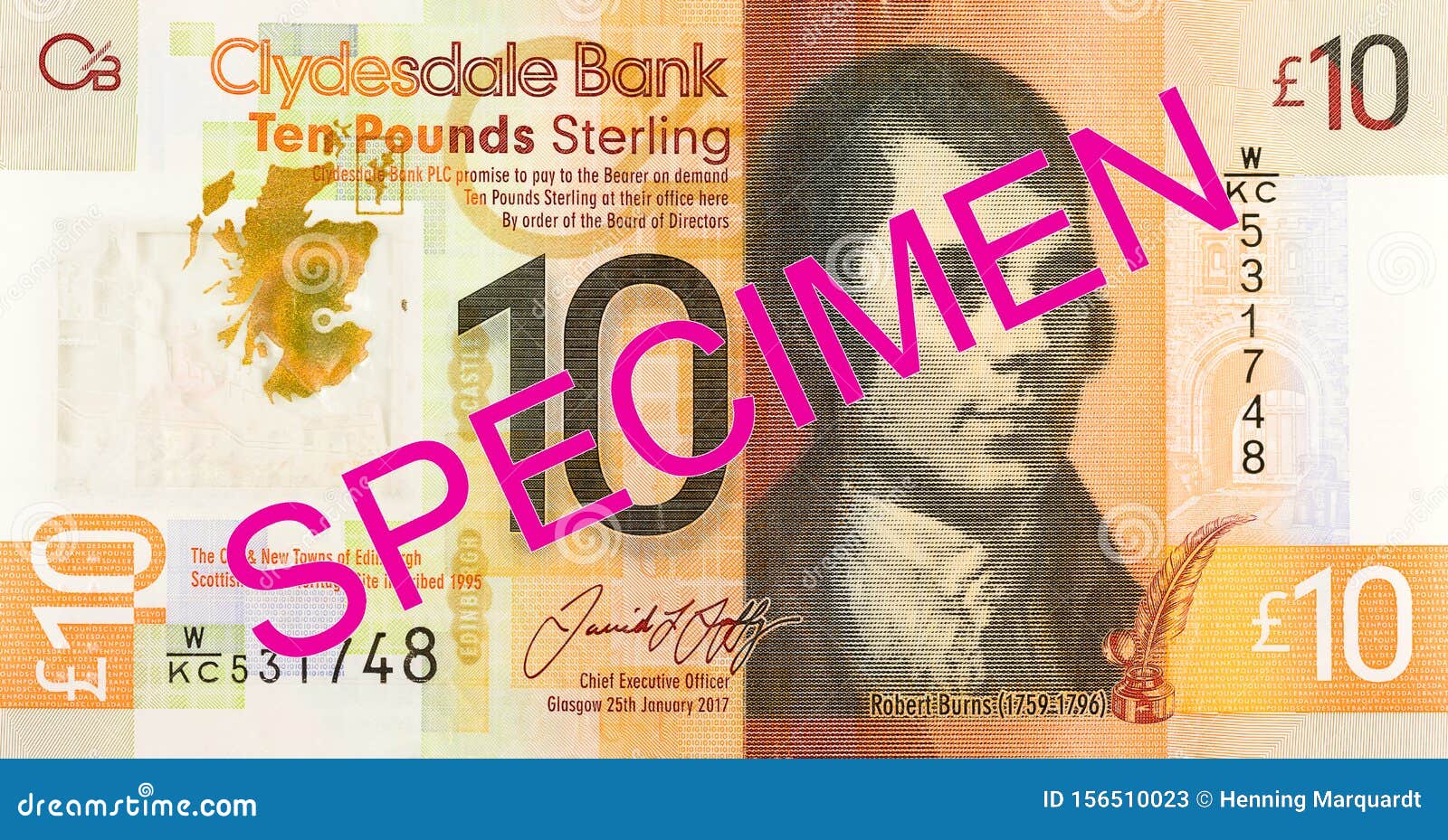 10 Pounds Sterling Note Issued by Clydesdale Bank PLC Specimen Reverse ...
